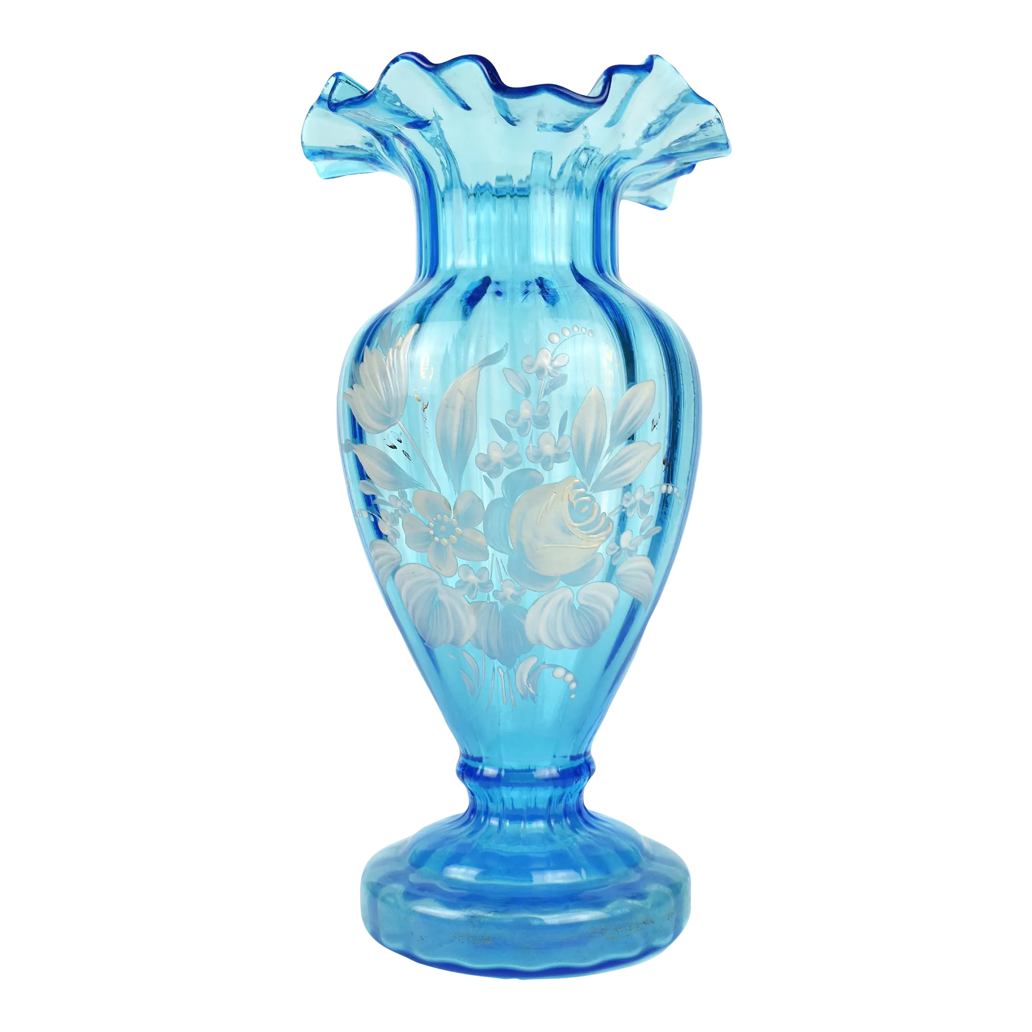 Mid 20th Century Blue Ruffled Fenton Vase | Chairish