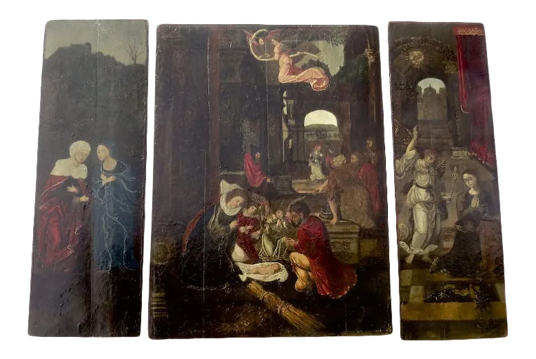 17th Century Italian School Triptych of the Nativity, Annunciation and St. Anne & Mary Oil ...