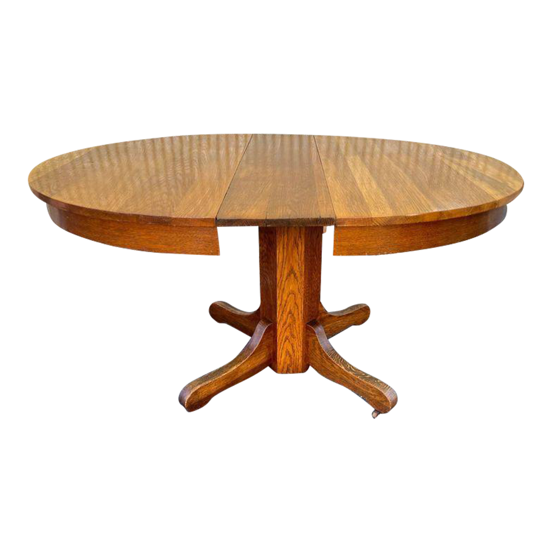 Antique Oak Mission Style Pedestal Round Dining Table With Leaf