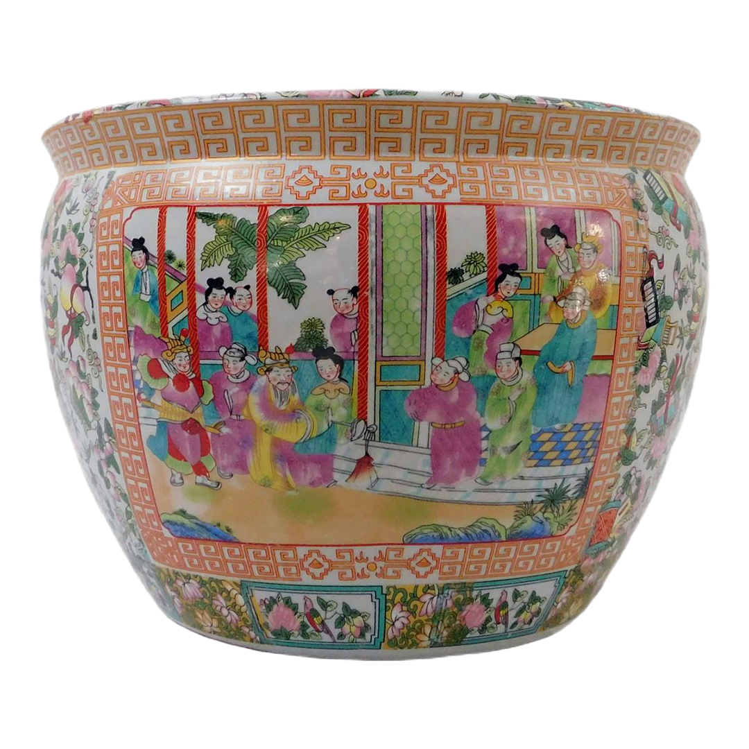 Rose Medallion Porcelain Fishbowl With Swimming Gold Fish Inside | Chairish