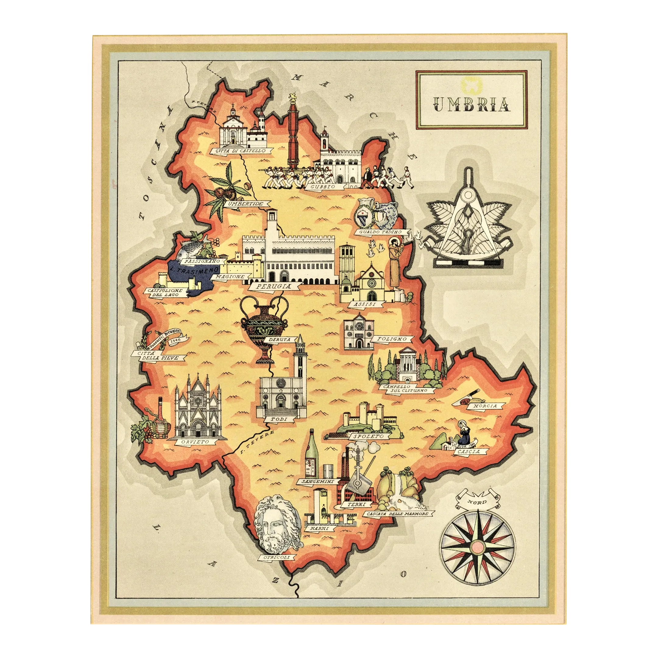 1951 Mid-Century Vintage Pictorial Map of Umbria, Italy. Matted | Chairish