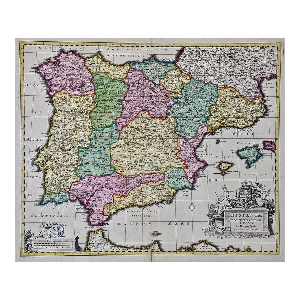 Spain and Portugal: An 18th Century Hand Colored Map by Visscher | Chairish