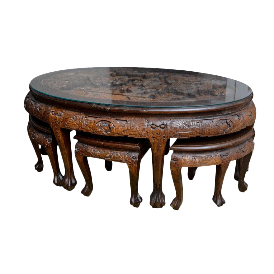 20th Century Asian Mahogany Carved Coffee Tea Table and Stools 4 Pieces