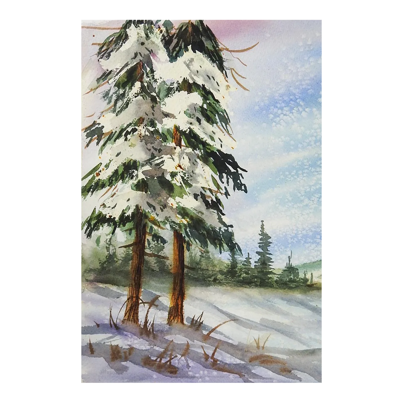 Contemporary Impressionist Snow Covered Evergreens Watercolor Painting ...