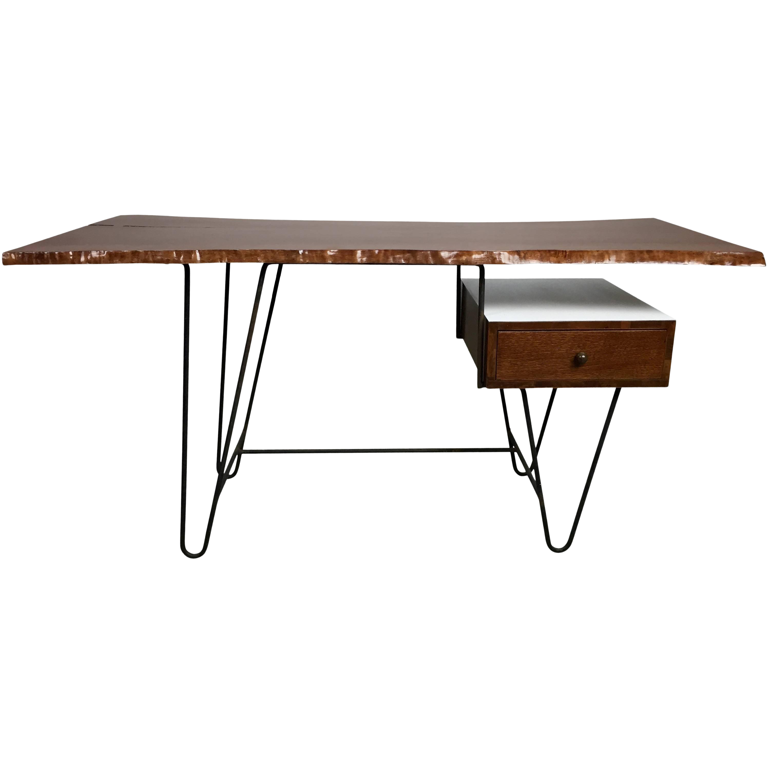 1950s Hairpin Desk With Floating Drawer and Custom Free Edge Walnut Top Chairish