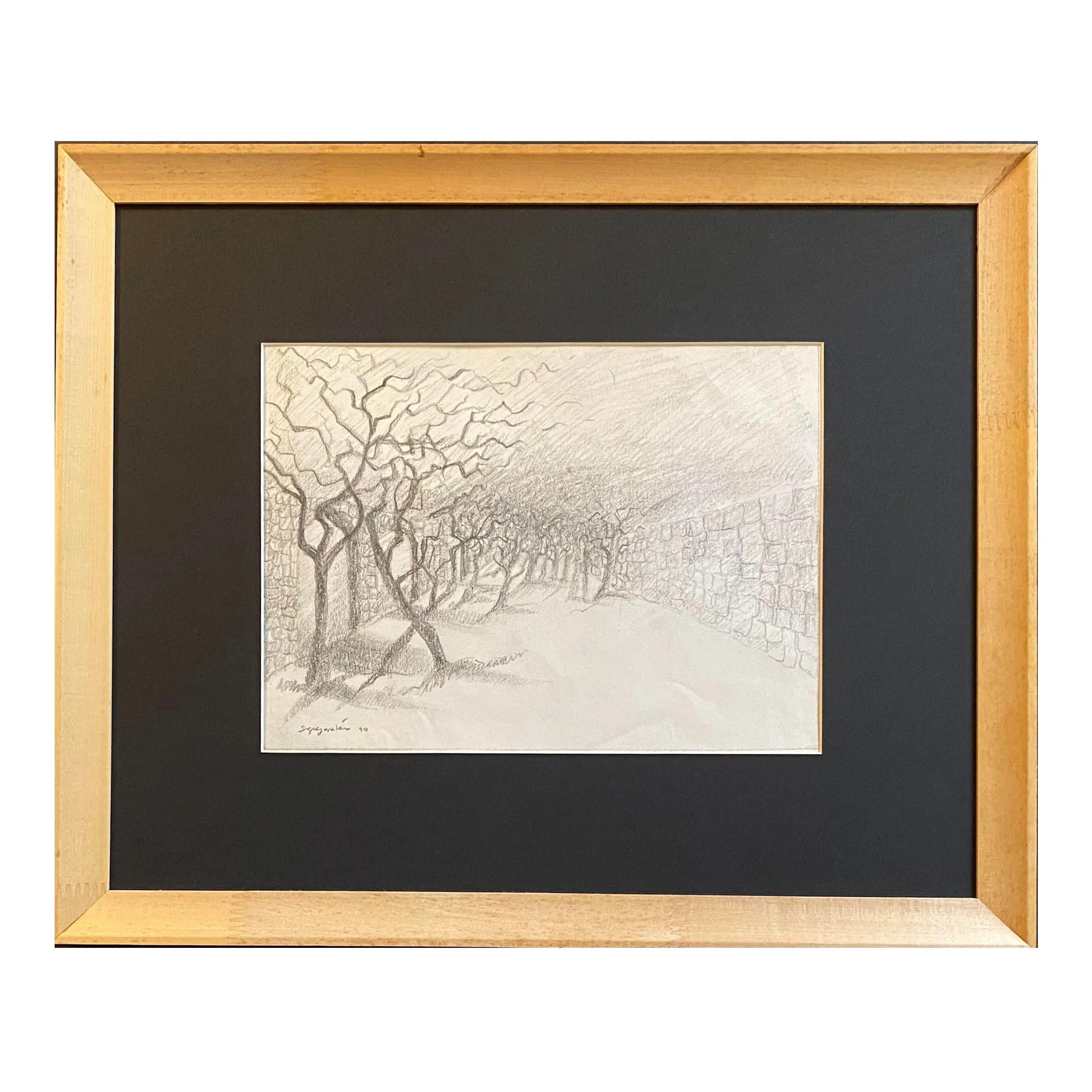 1990 "Leaning Trees in a Path Along Stone Courtyards" Original Pencil ...