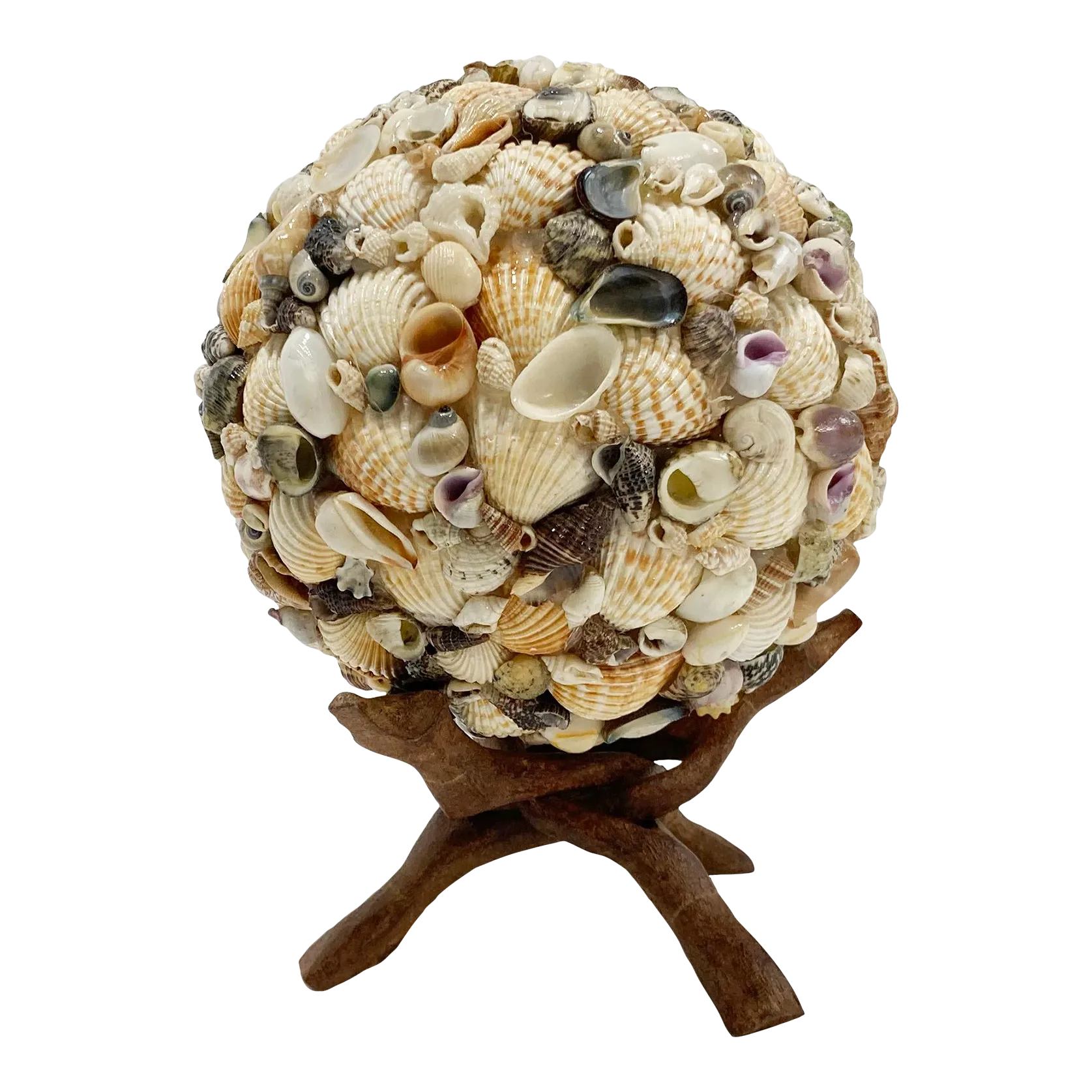 Vintage Shell Encrusted Orb on Twig Wood Stand | Chairish