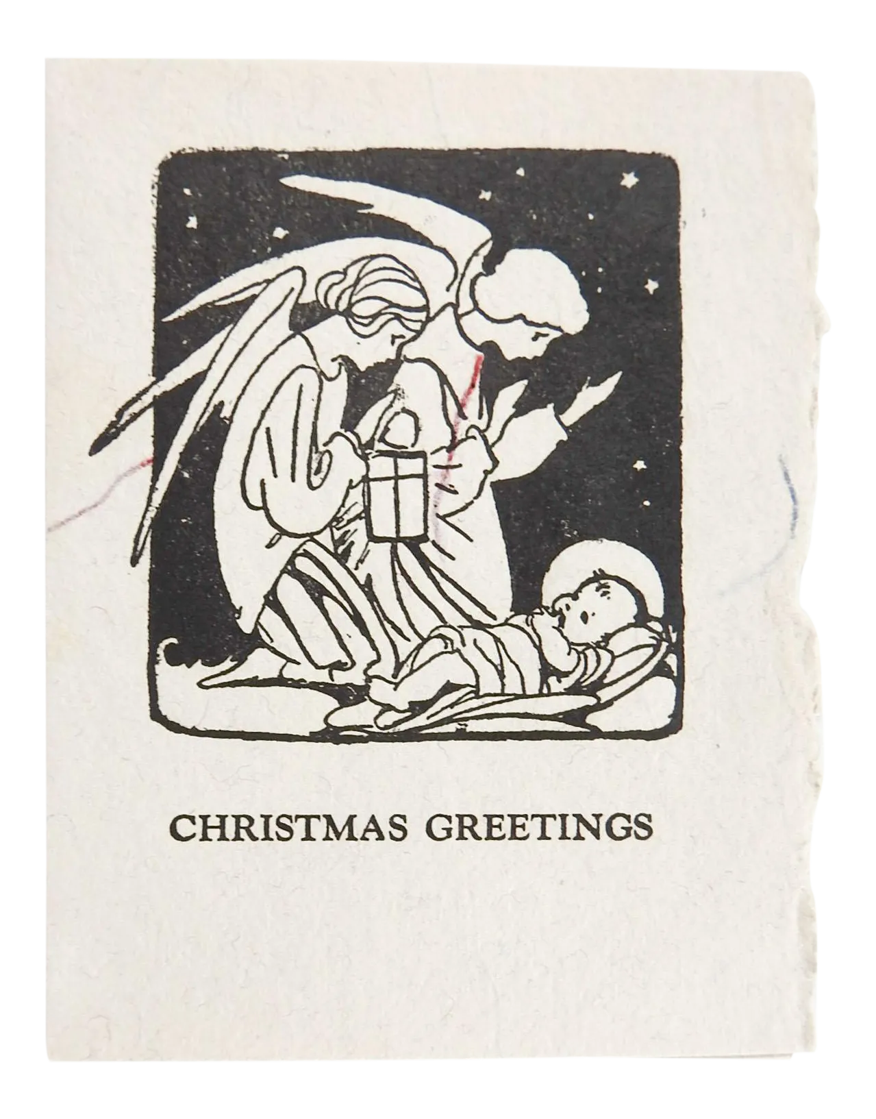 Tiny Vintage 1930 Angel Block Print Christmas Card | Chairish