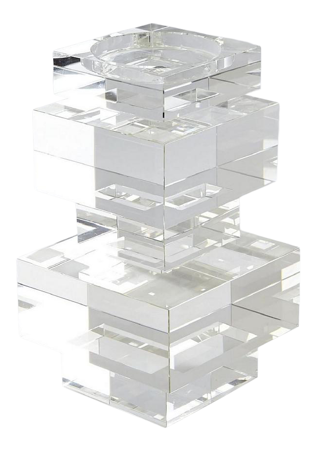 Modern Cubist Solid Crystal Glass Candle Holder With Candle | Chairish