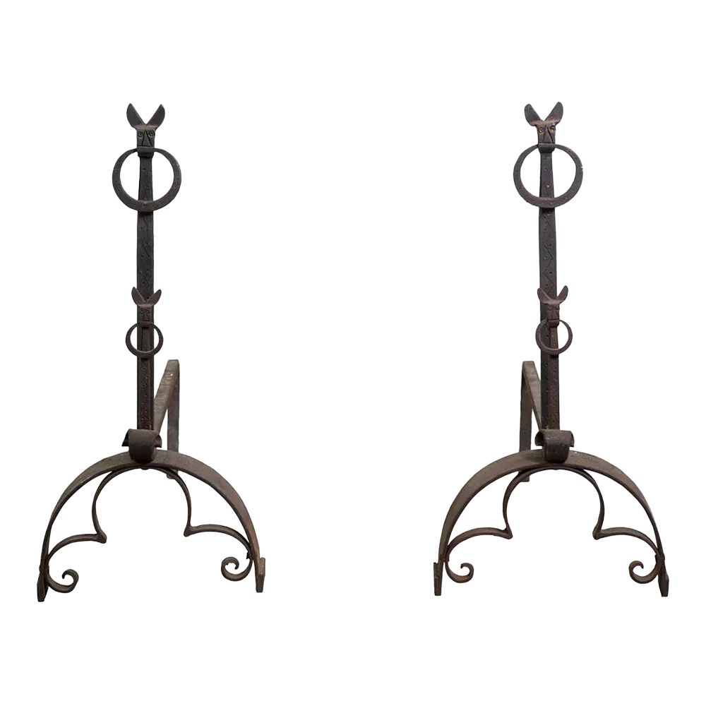 Vintage Primitive Forged Iron Dog Head Andirons- a Pair | Chairish
