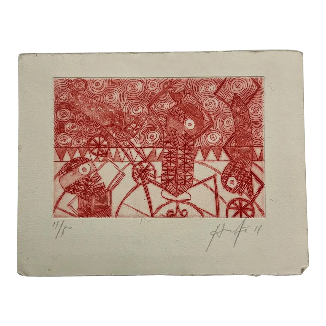 Mexican Modern Art Woodblock Print 11/50 Red Drawing Oaxaca Mexico ...