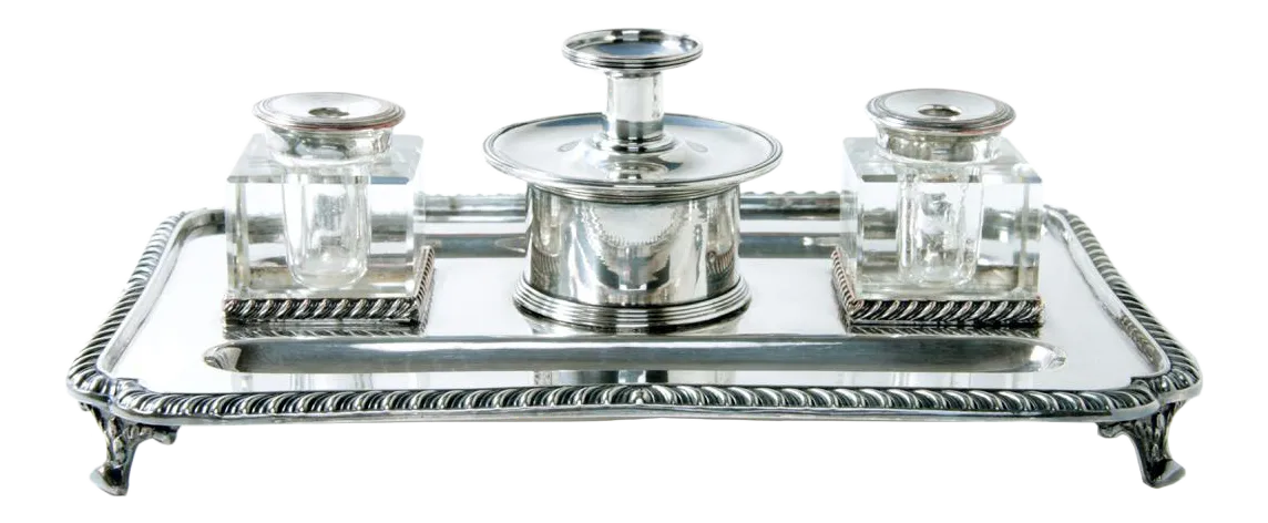 Early 1900s English Silver Plate Inkstand With Glass Inkwells | Chairish