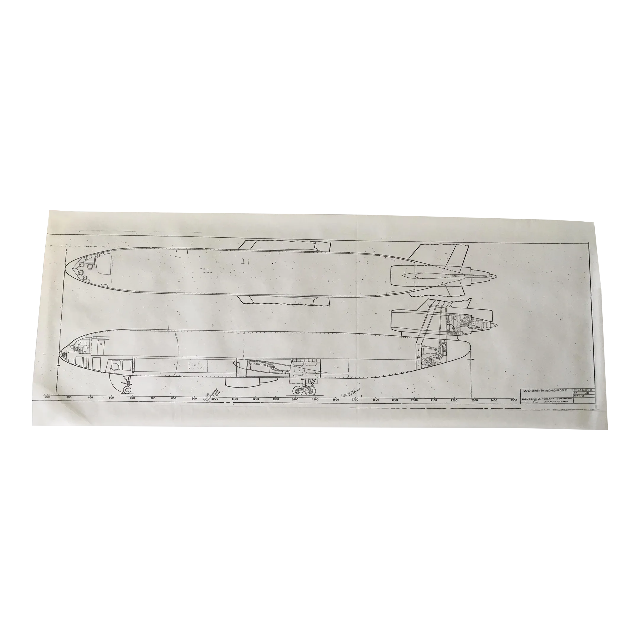 Vintage 1970s 11" X 28 1/4" Aircraft Blueprint: Dc-10 Inboard Profile ...
