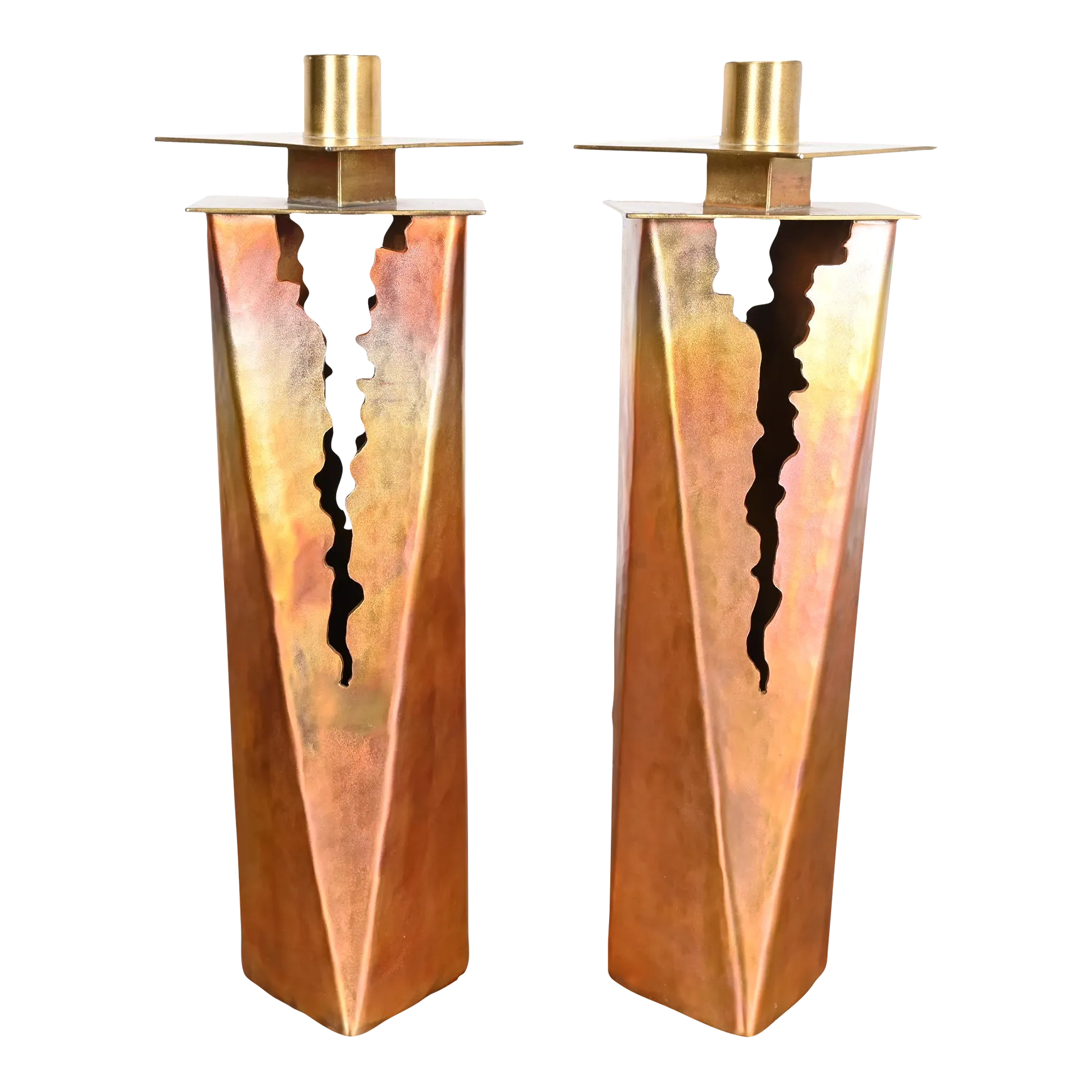 Paul Evans Style Brutalist Hand Wrought Copper Candlesticks, Circa ...