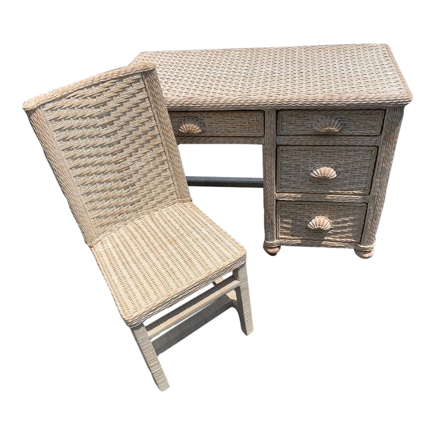 Wicker and Wood White Washed Desk and Chair Set of 2 Chairish