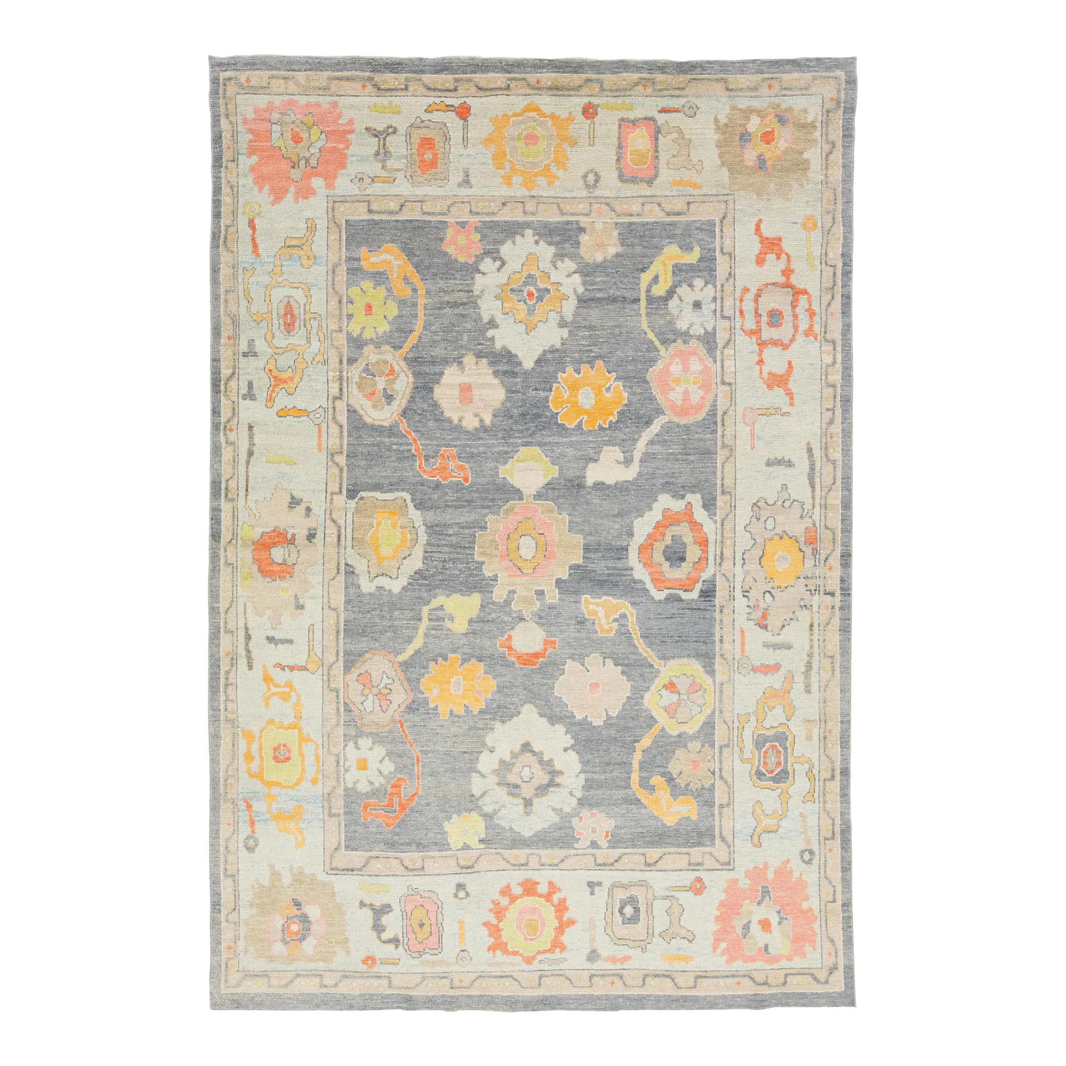 Modern Gray Turkish Oushak Wool Rug With Allover Floral Pattern | Chairish
