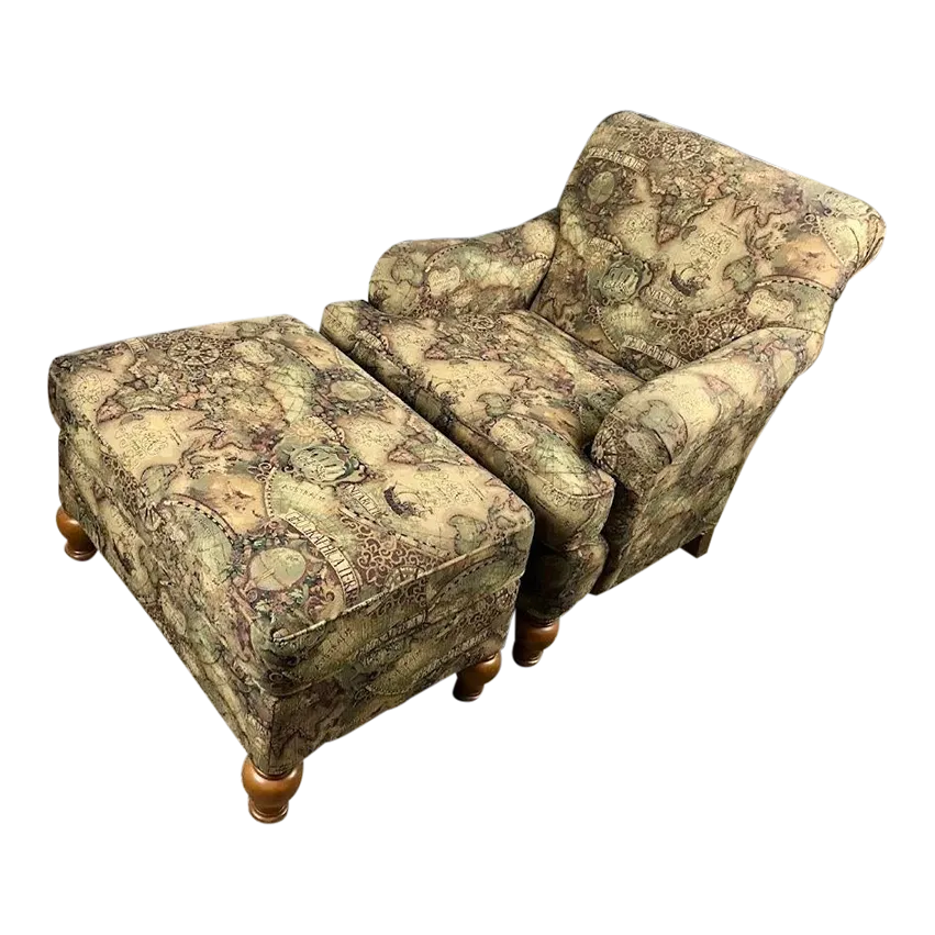 Late 20th Century Global World Map Tapestry Armchair With Matching ...