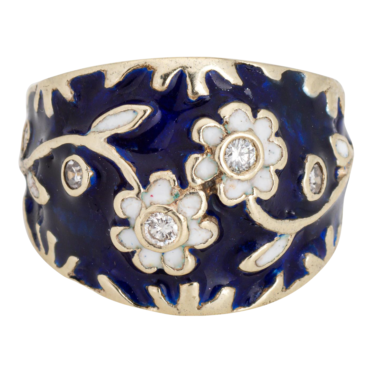 Vintage Diamond Enamel Flower Wide Cigar Band Ring Size 6.5 | Chairish