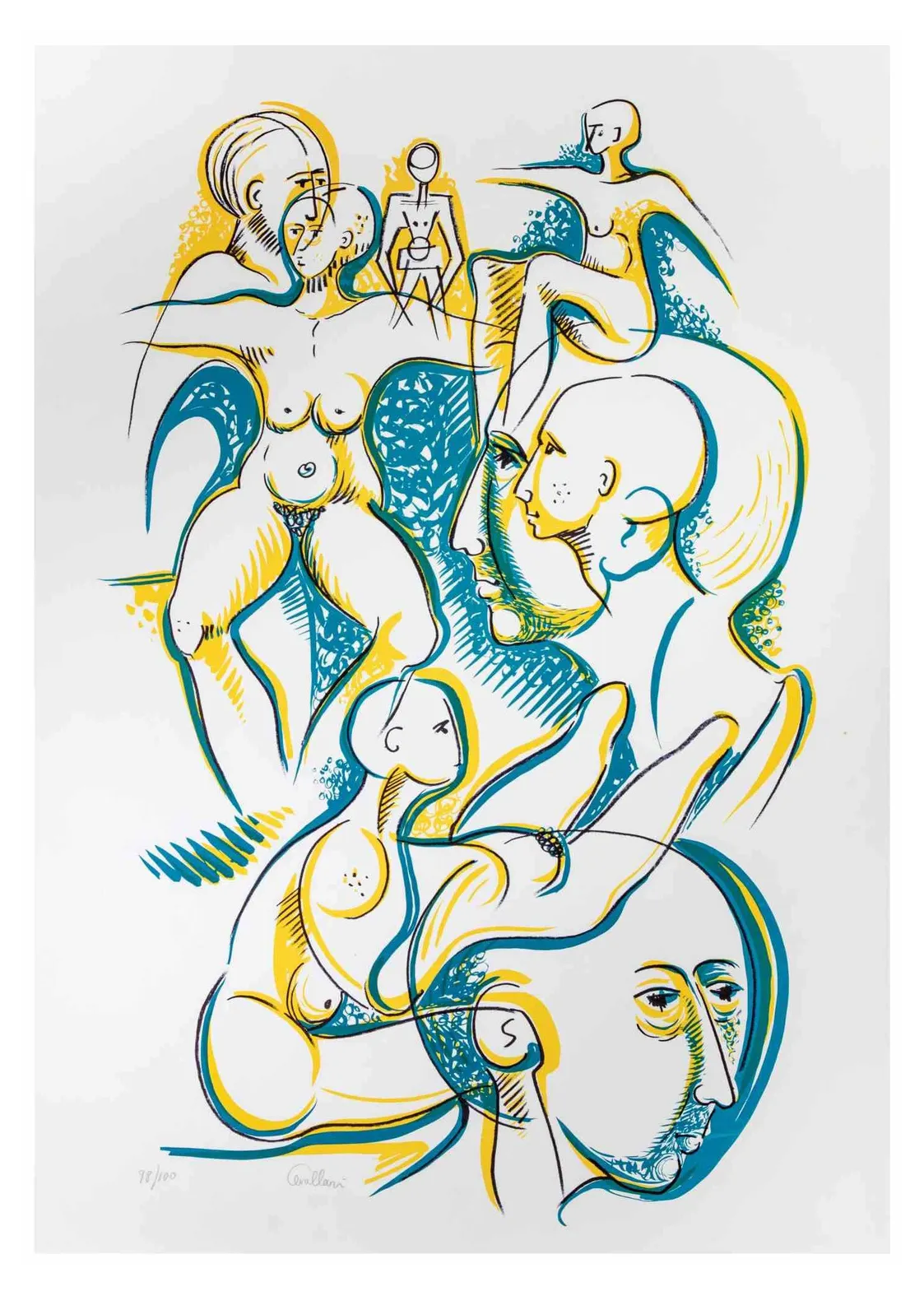 Alberto Cavallari, Blue and Yellow Figures, Lithograph, 1970s | Chairish