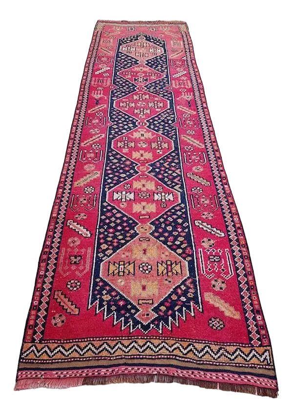 Turkish Pink Blue Runner Rug, 1960s | Chairish