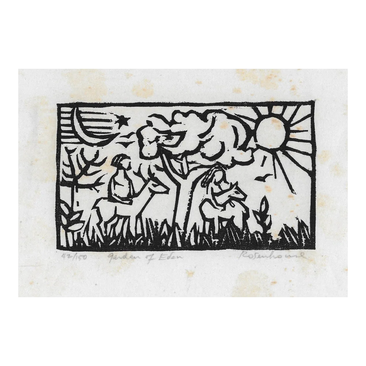 1966 Irwin Jacob Rosenhouse Garden of Eden Woodcut | Chairish