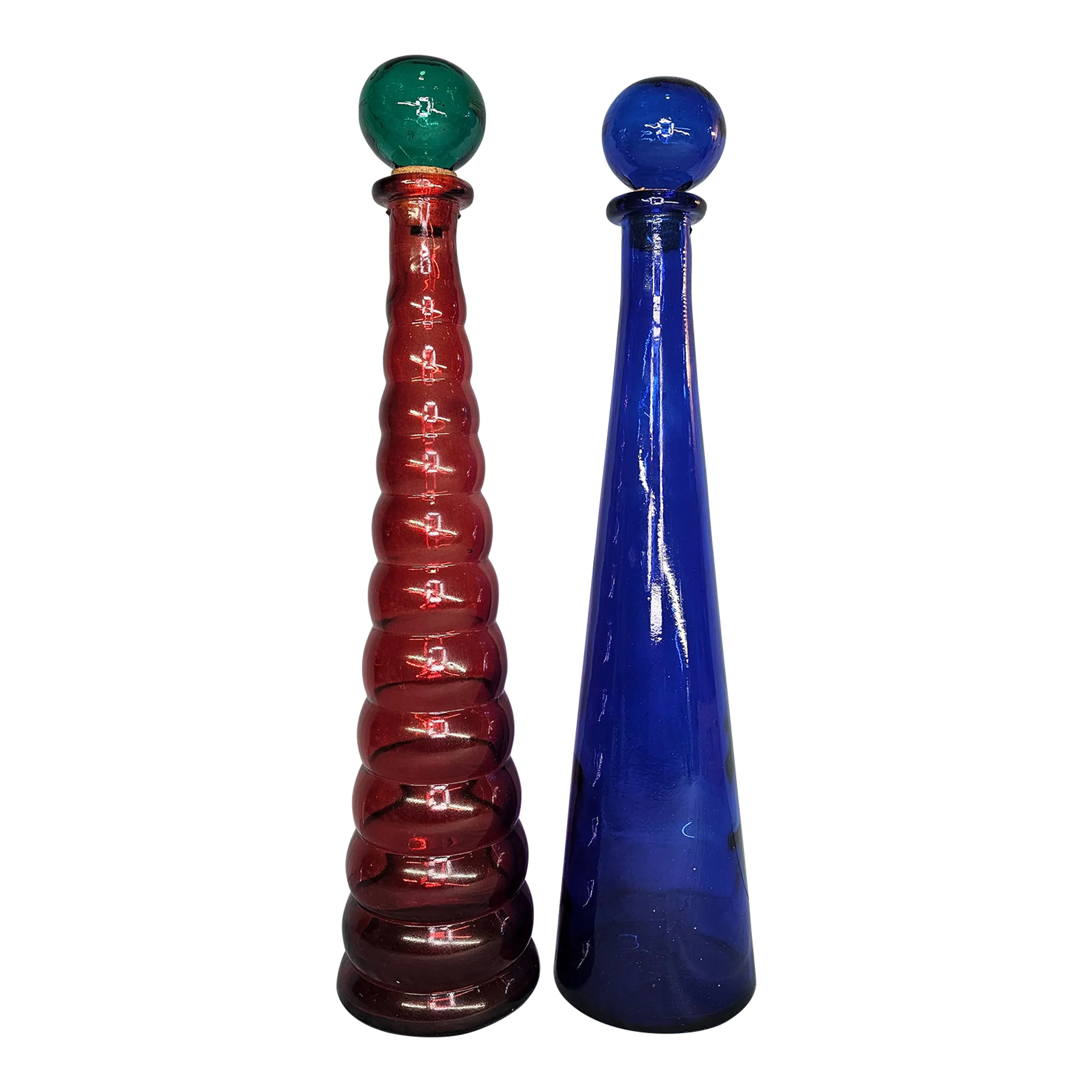 1980s Art Deco Red & Blue Spain Decanter Set Beehive Ribbed Bubble ...