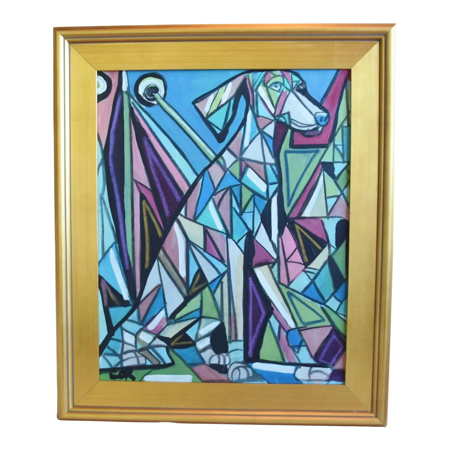 Contemporary Modern Listed Artist Cubism Dog Painting W/ Antiqued Gold ...