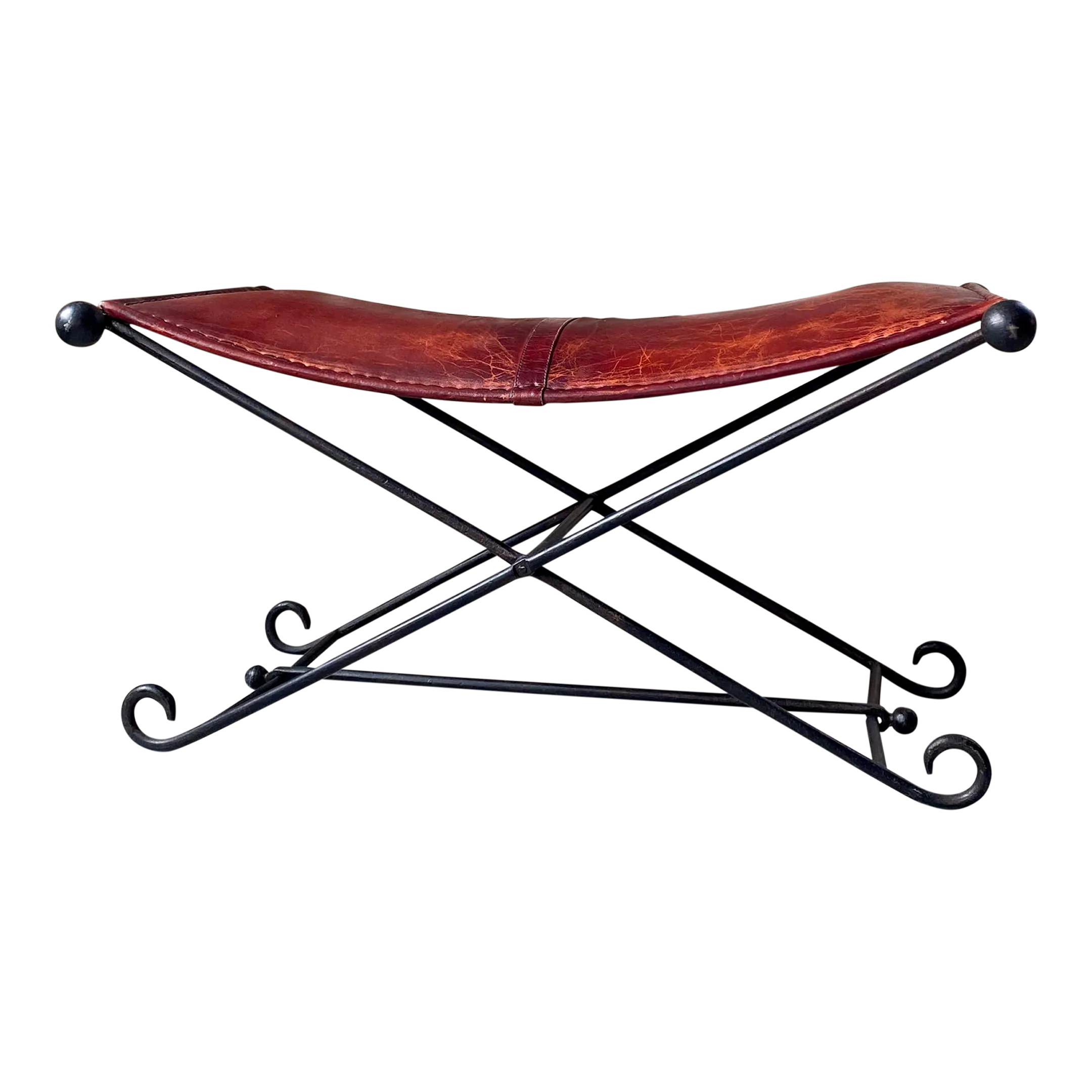 Iron and Leather Sling Bench | Chairish