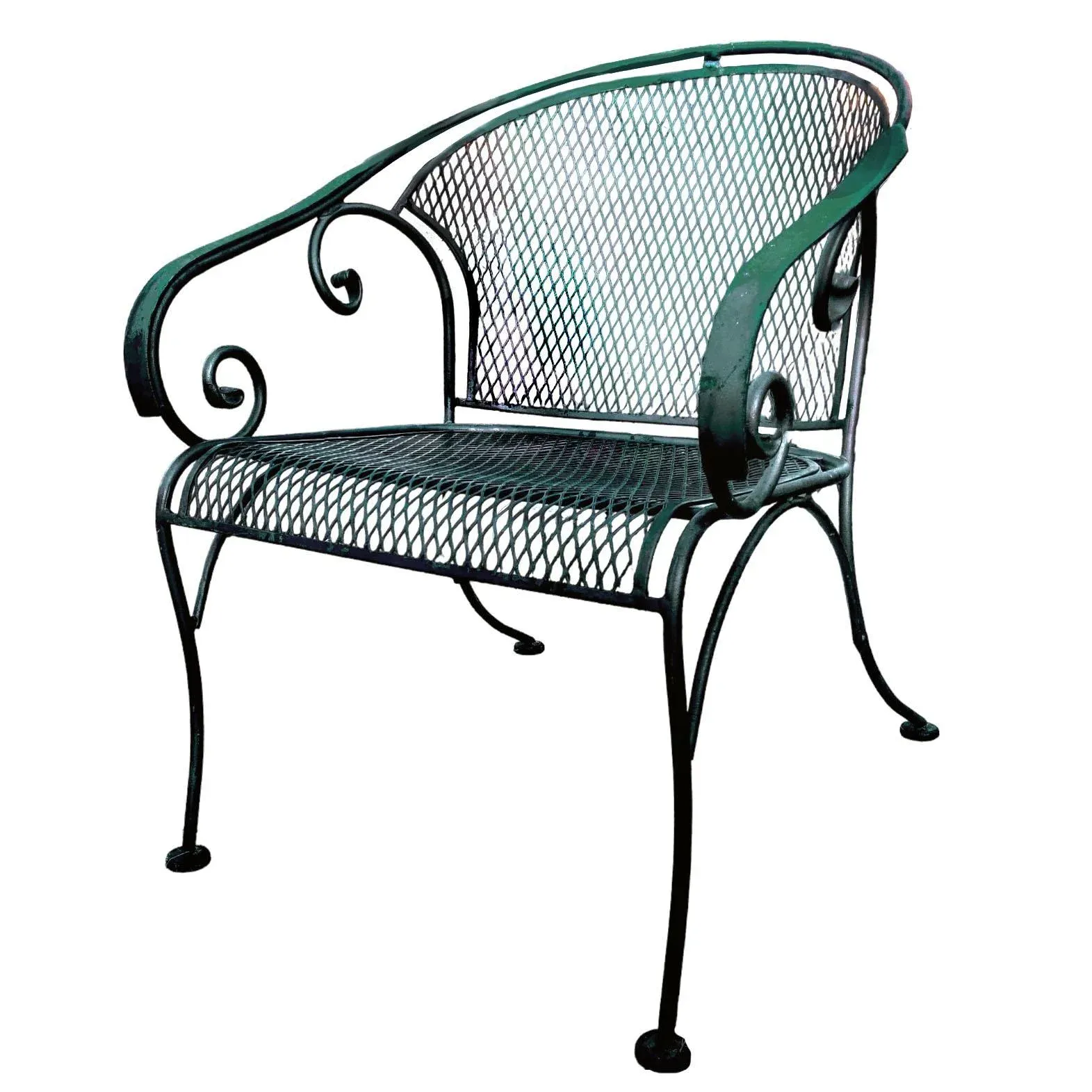 1960s O W Lee Artisan Wrought Iron Mesh Barrel Back Chair Hunter Green Finish