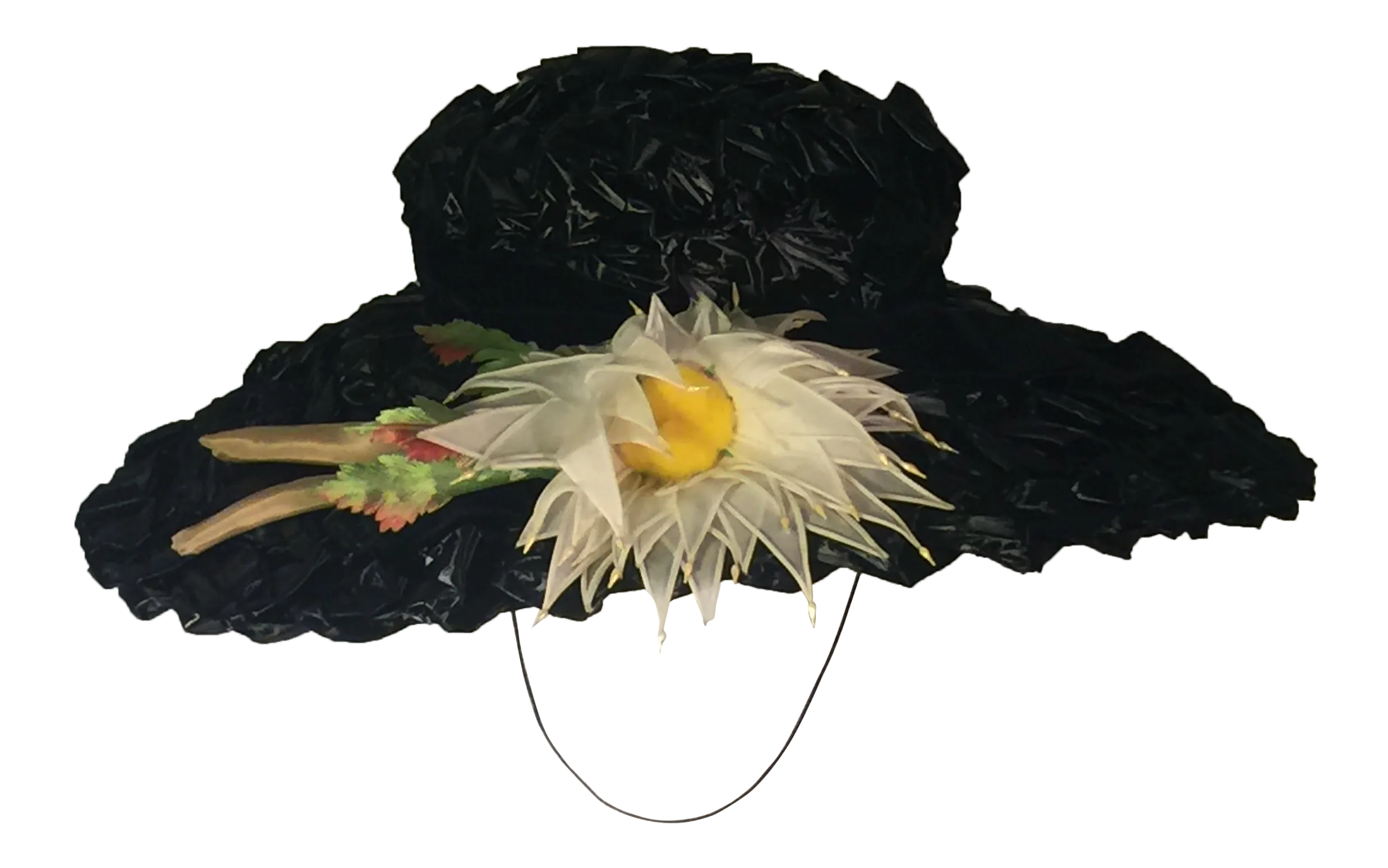 1940's Vintage Great Black Ribbon Hat With Silk Flower | Chairish