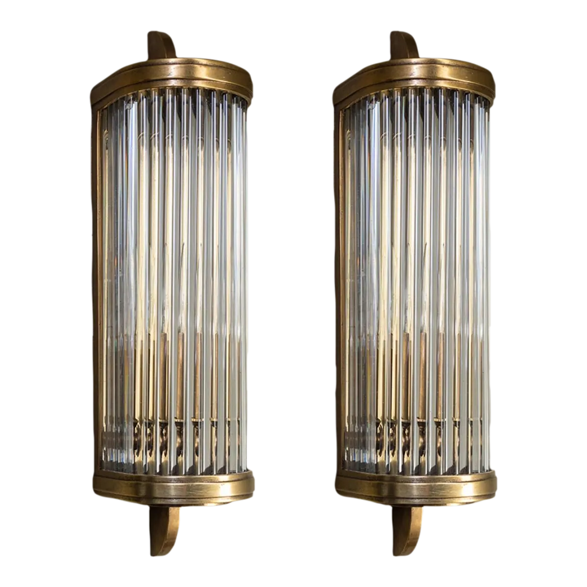 1940s Pair Skyscraper Vintage Art Deco Wall Sconces in Brass & Glass Rod Ship Light | Chairish