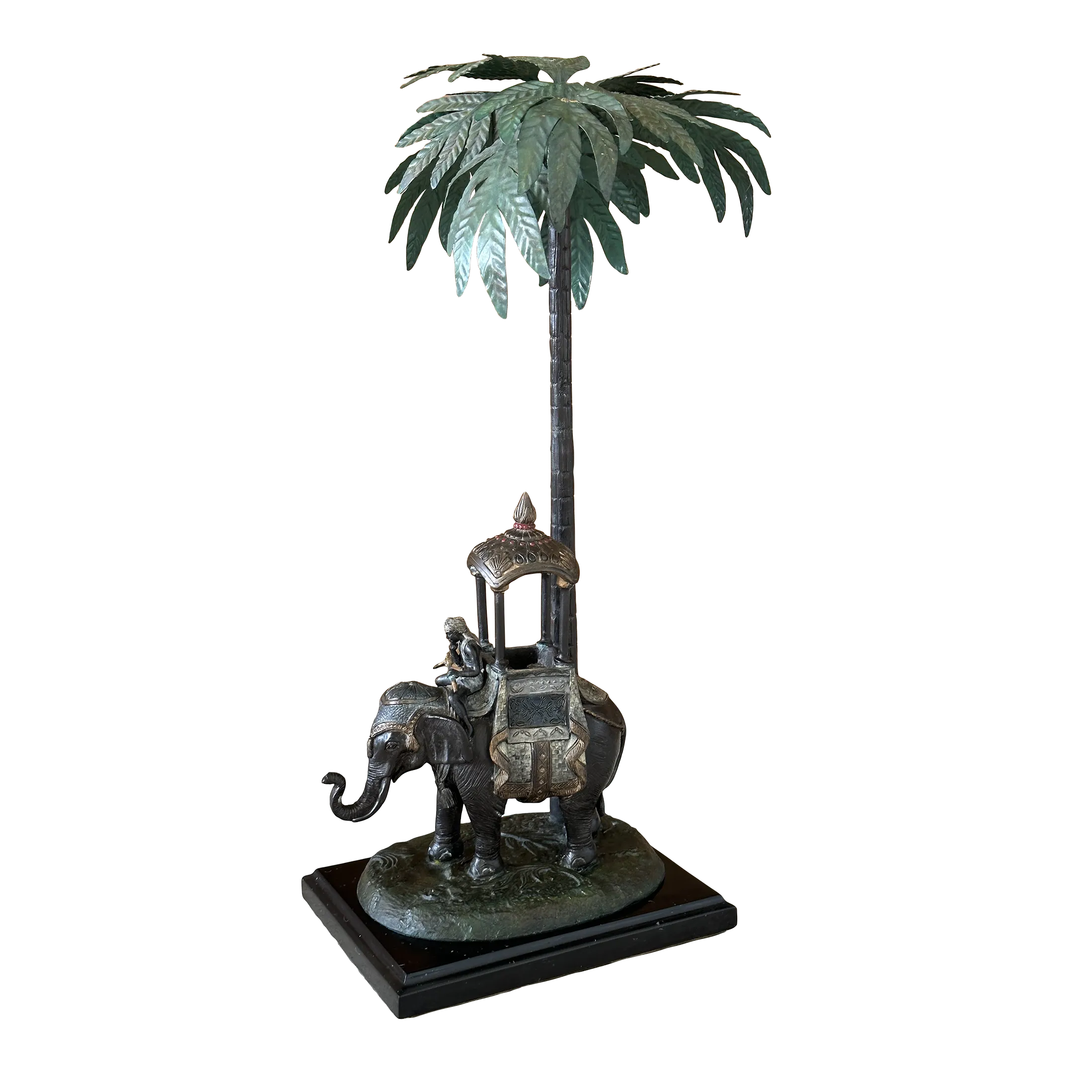 Sculptural Cold Painted Metal Bronze Elephant Tole Palm Tree Figure ...