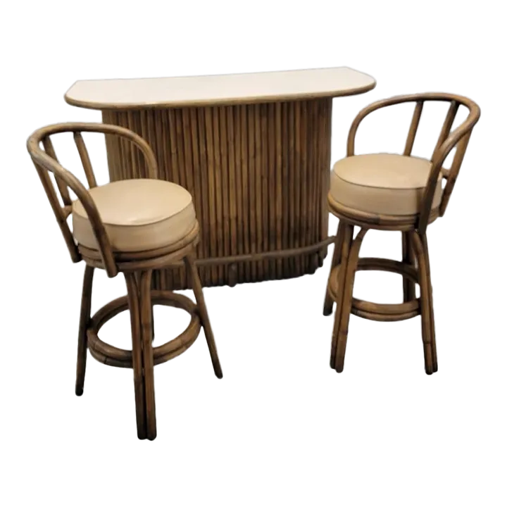 Mid 20th Century Paul Frankl Style Half-Moon Bamboo Tiki Dry-Bar With 2 ...