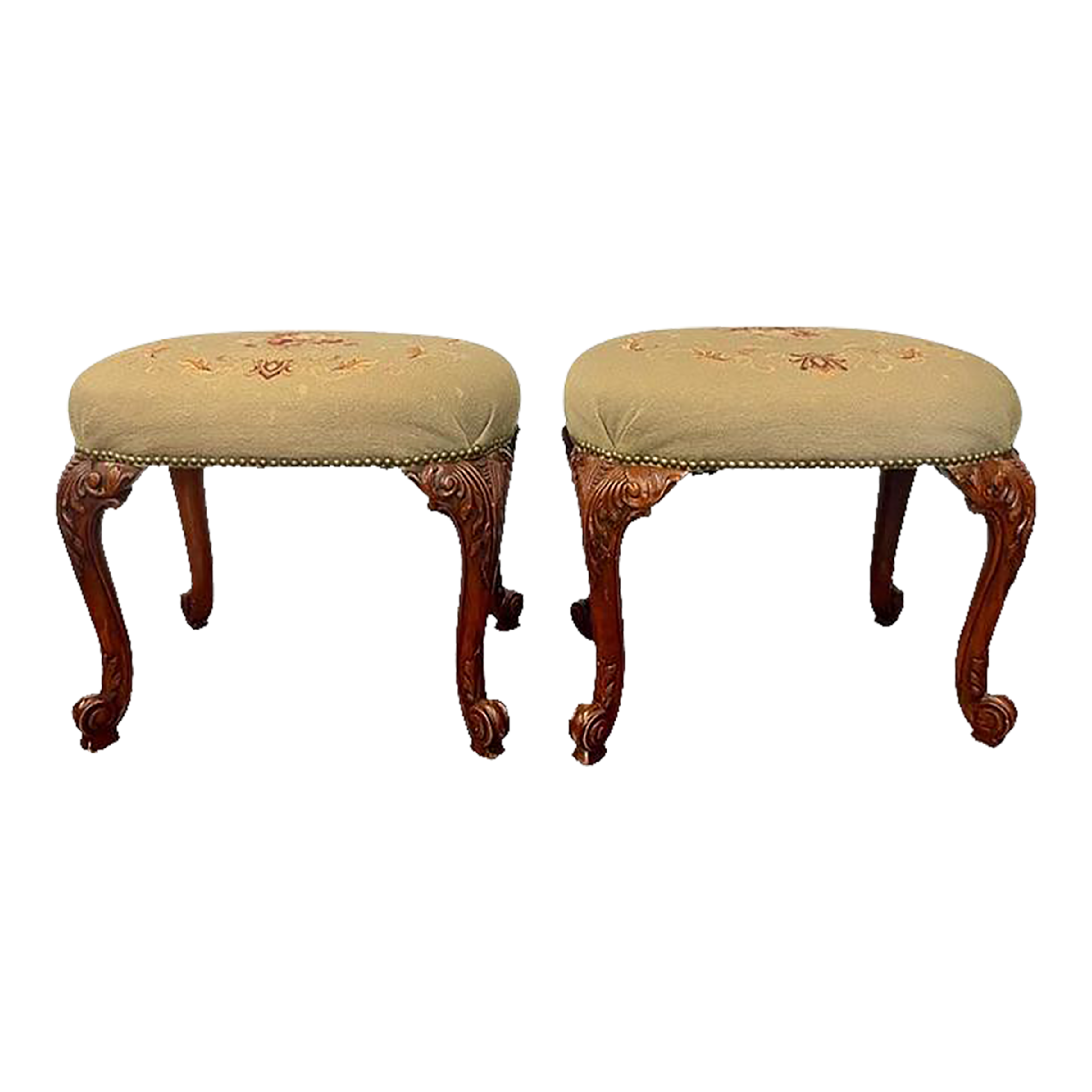 Maitland-Smith 1980s Carved Mahogany Tapestry Foot Stools, Pair | Chairish