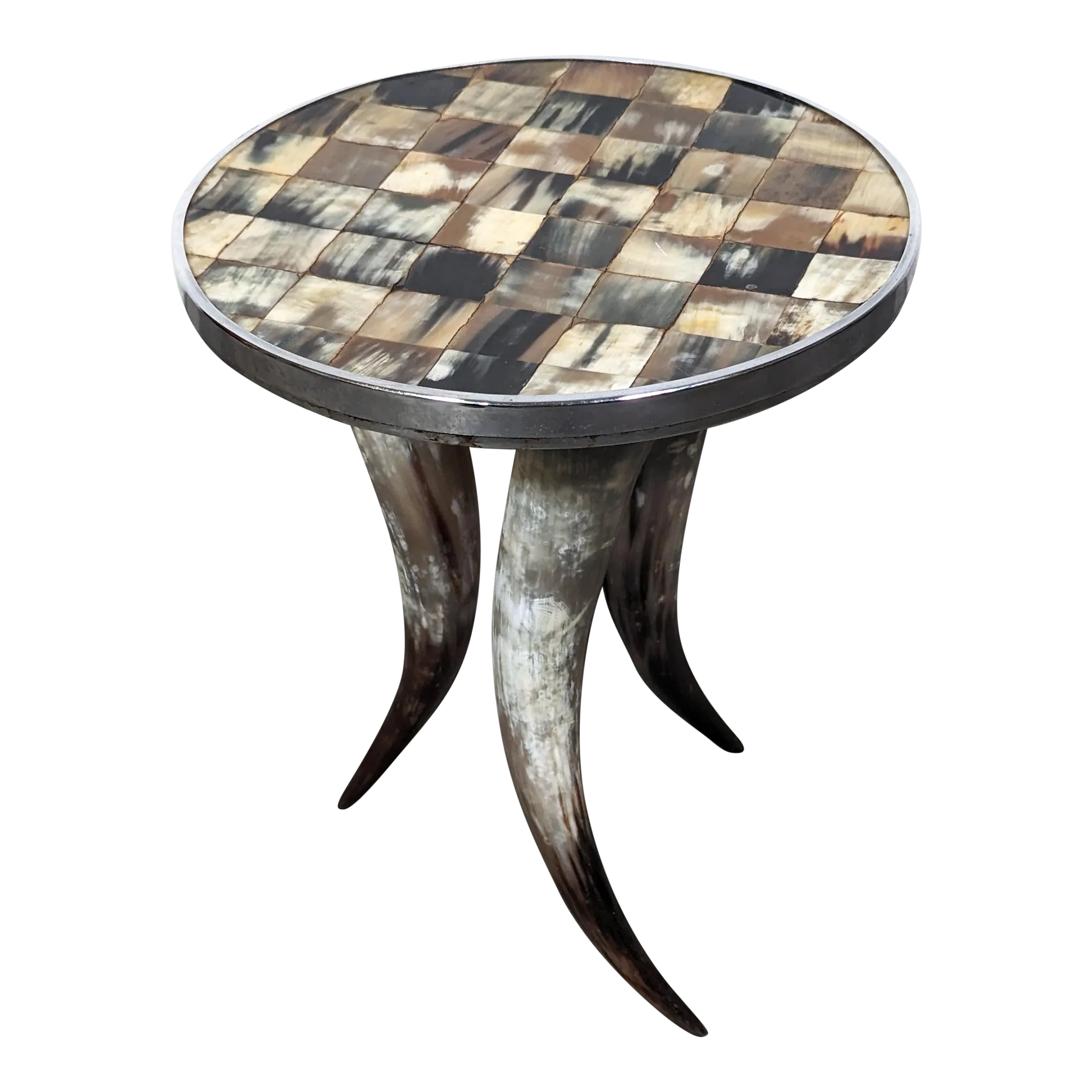 1990s Vintage Tri Legged Horn Side End Table With Tiled Top | Chairish
