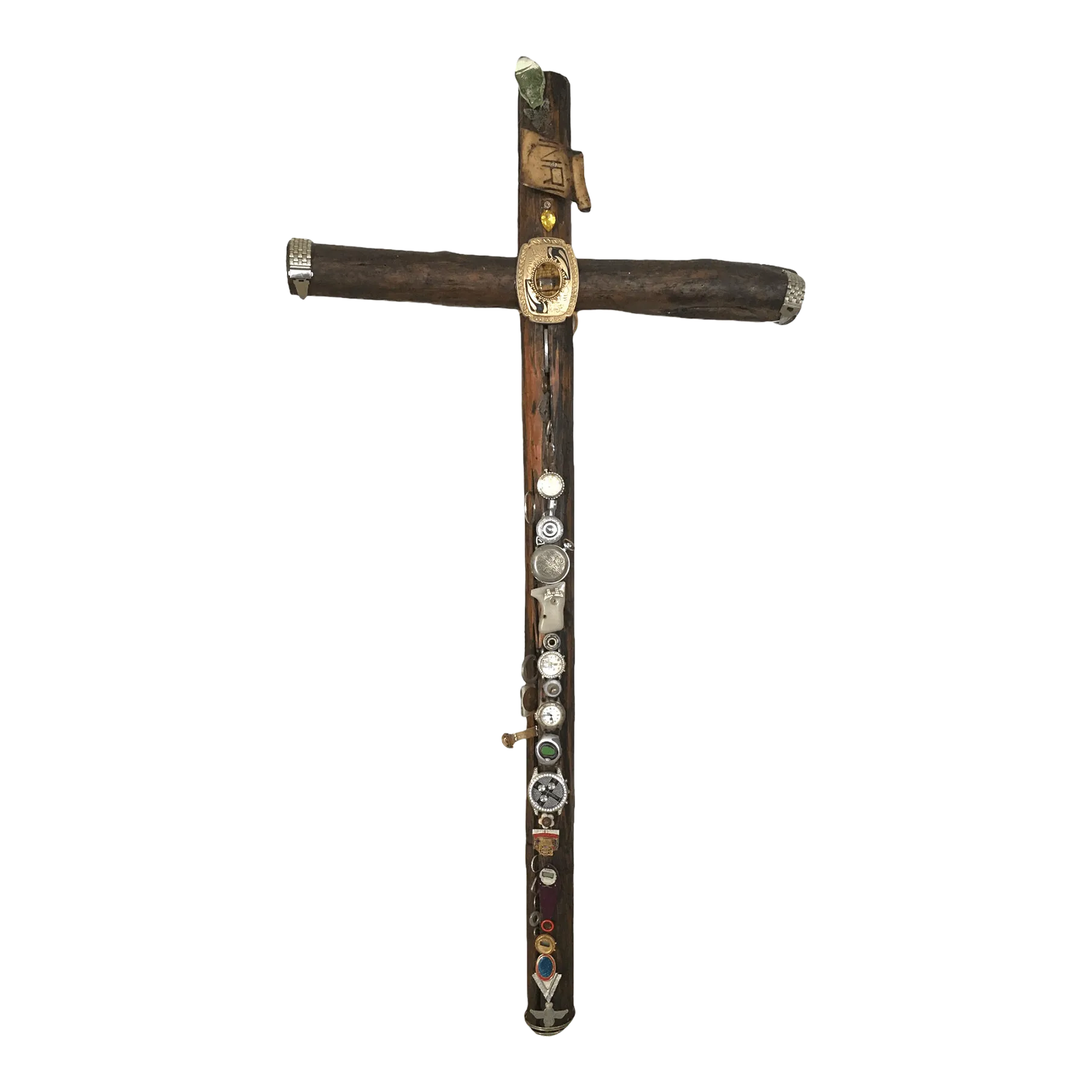 Vintage Large Wood Logs Cross With Metal and Glass Decorations | Chairish