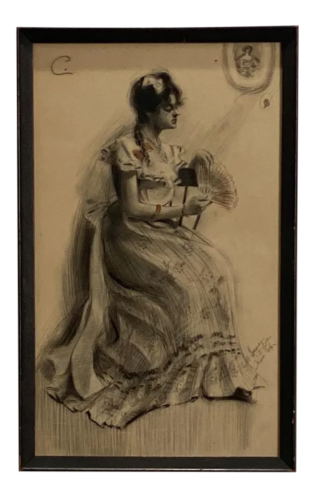 Drawing of a Victorian Woman, American Circa 19th Century | Chairish