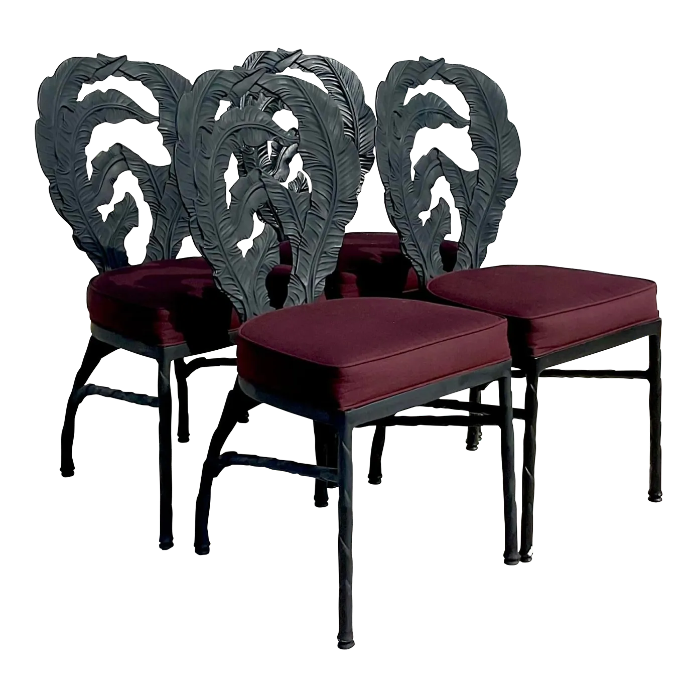 Vintage Coastal Cast Aluminum Outdoor Banana Leaf Dining Chairs - Set of 4 | Chairish