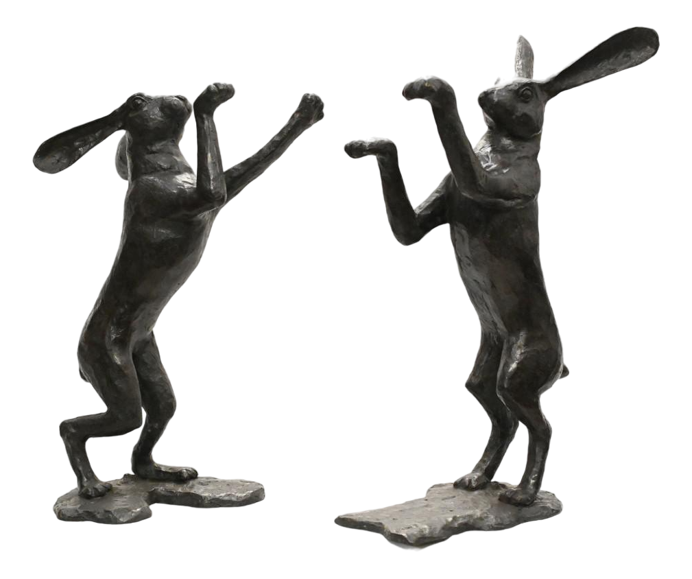 Bronze Boxing Hares Statues, Set of 2 | Chairish