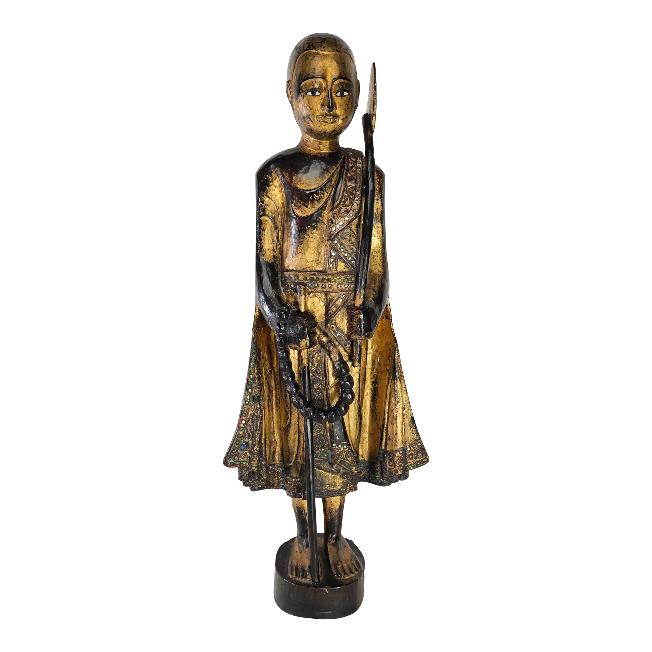 Asian Carved Wood Buddhist Monk Statue 30.5 In | Chairish