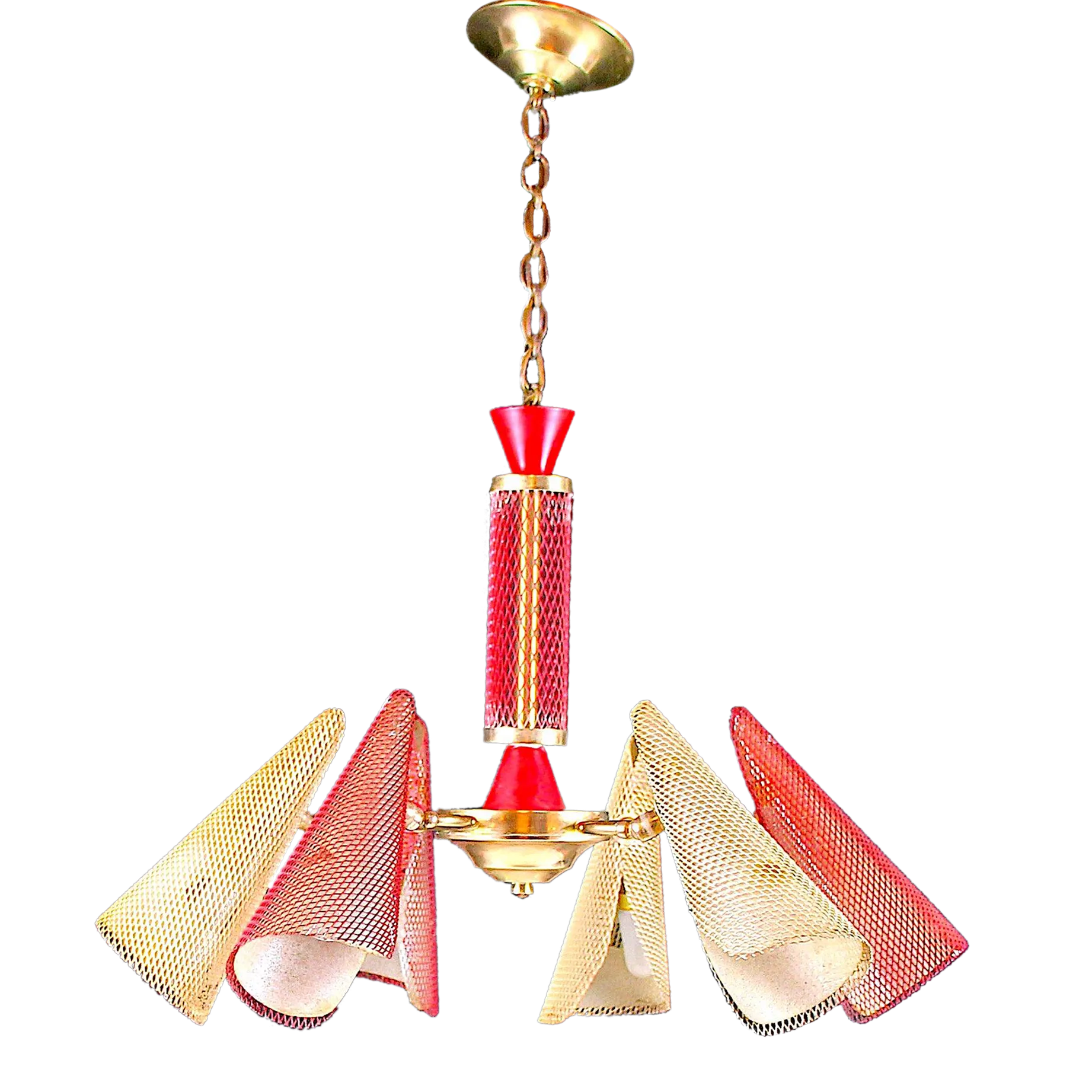 Jacques Biny, Six Lights Brass Chandelier, Metal Perforated Lampshades ...