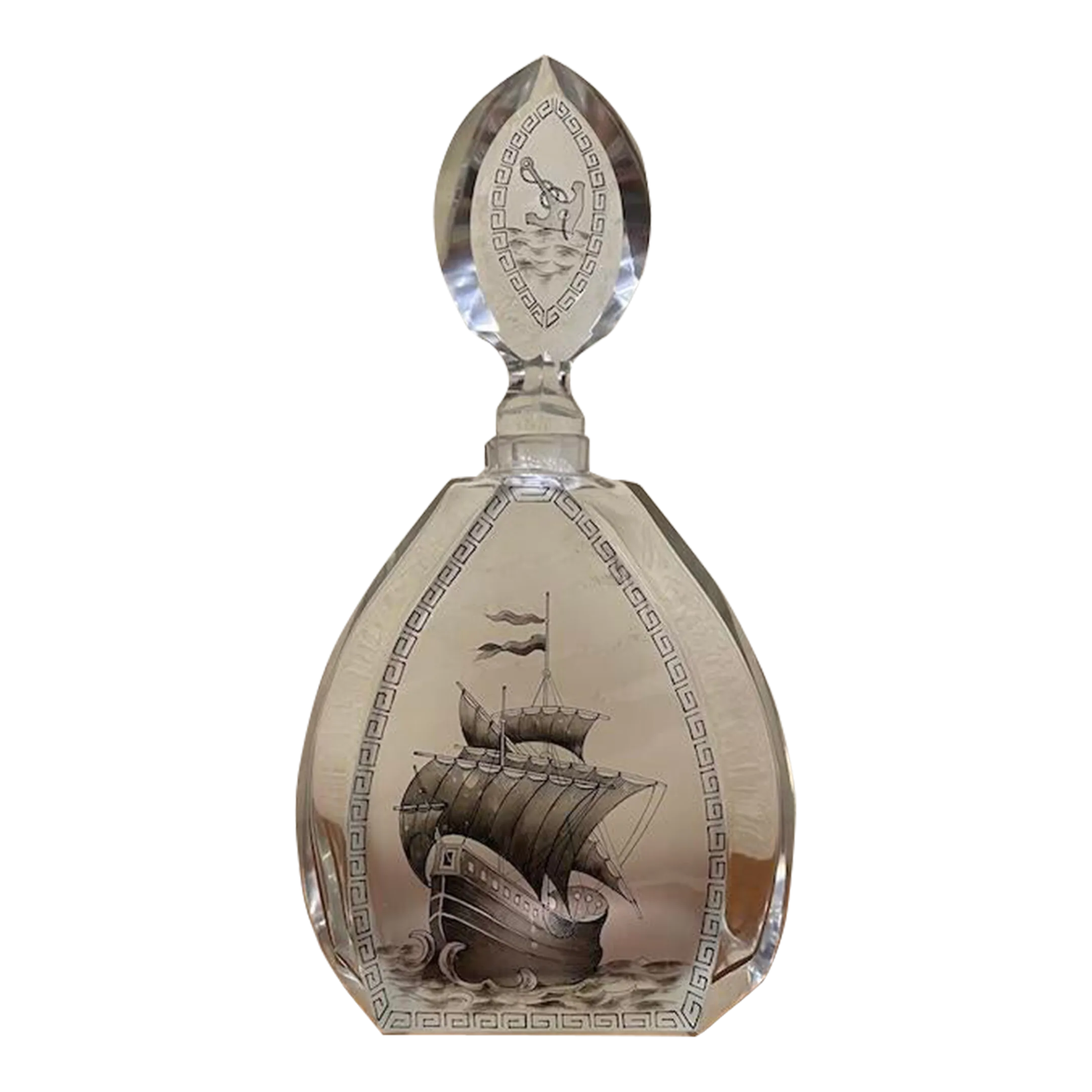 Late 20th Century Crystal Whiskey Decanter With Nautical Theme | Chairish