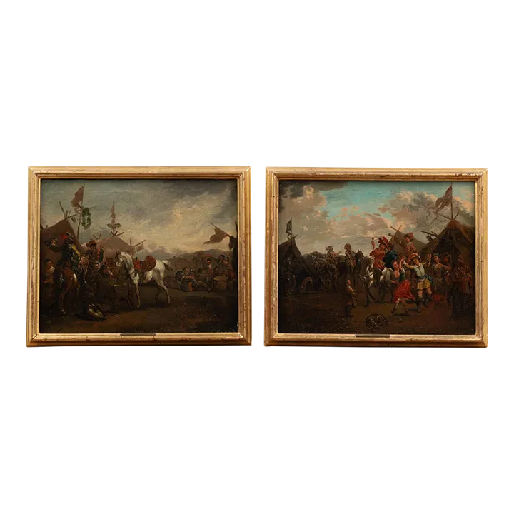 Pair, Original Oil on Canvas Paintings of Calvary Soldiers Encampment ...