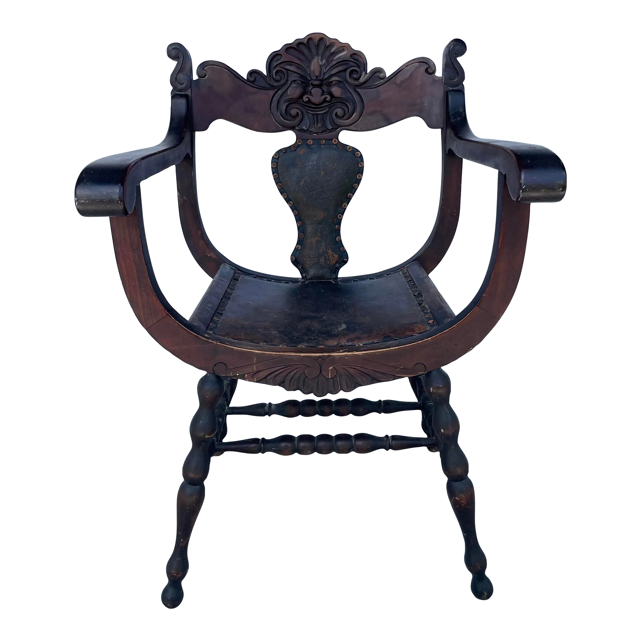 Antique Stomps-Burkhardt Carved Mahogany & Leather Saddle Hall Chair ...