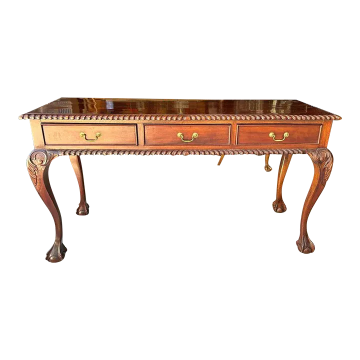 Stunning Hand Carved Vintage 3 Drawer Writing Desk / Console | Chairish