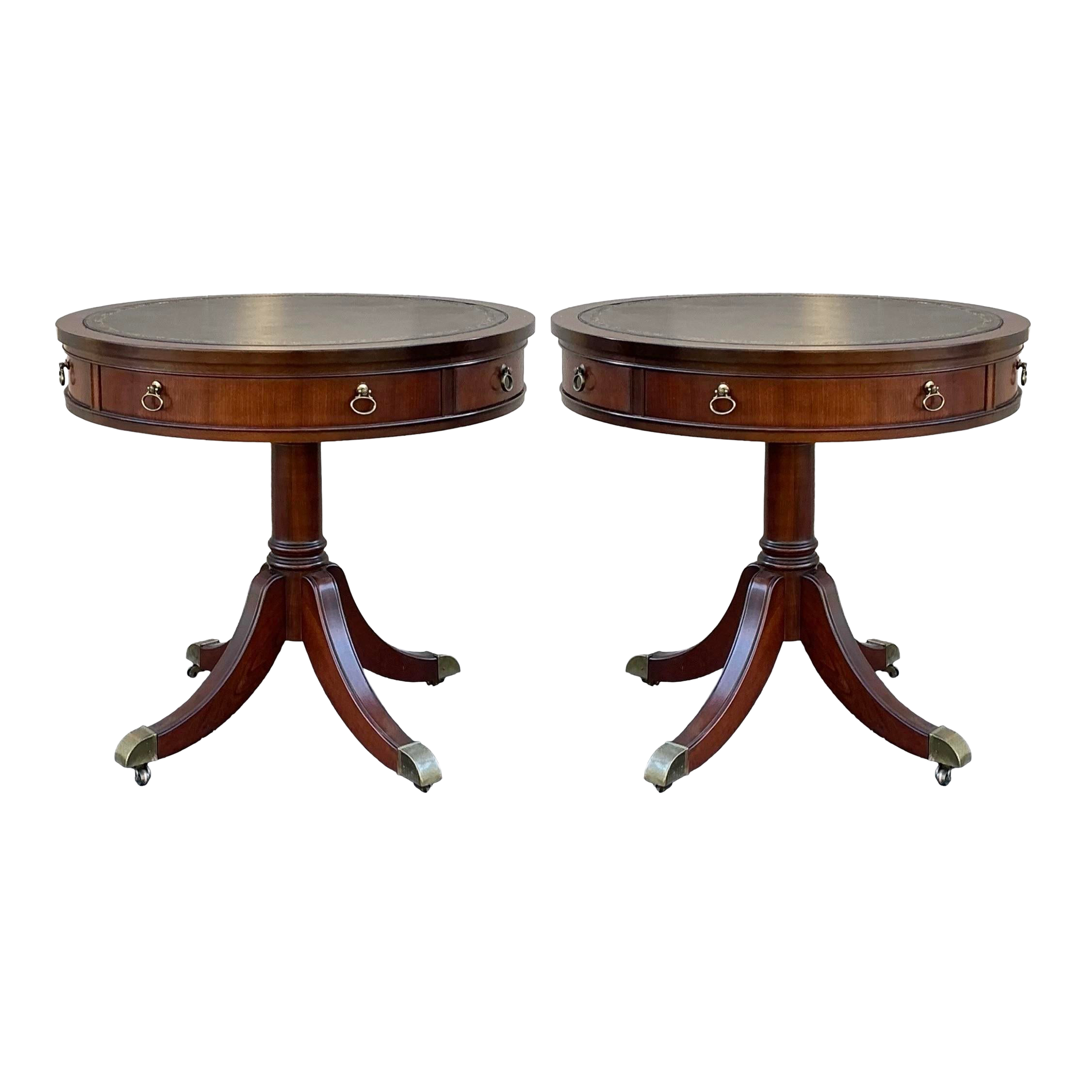 English Regency Style Mahogany & Tooled Leather Drum Side Tables - Pair ...