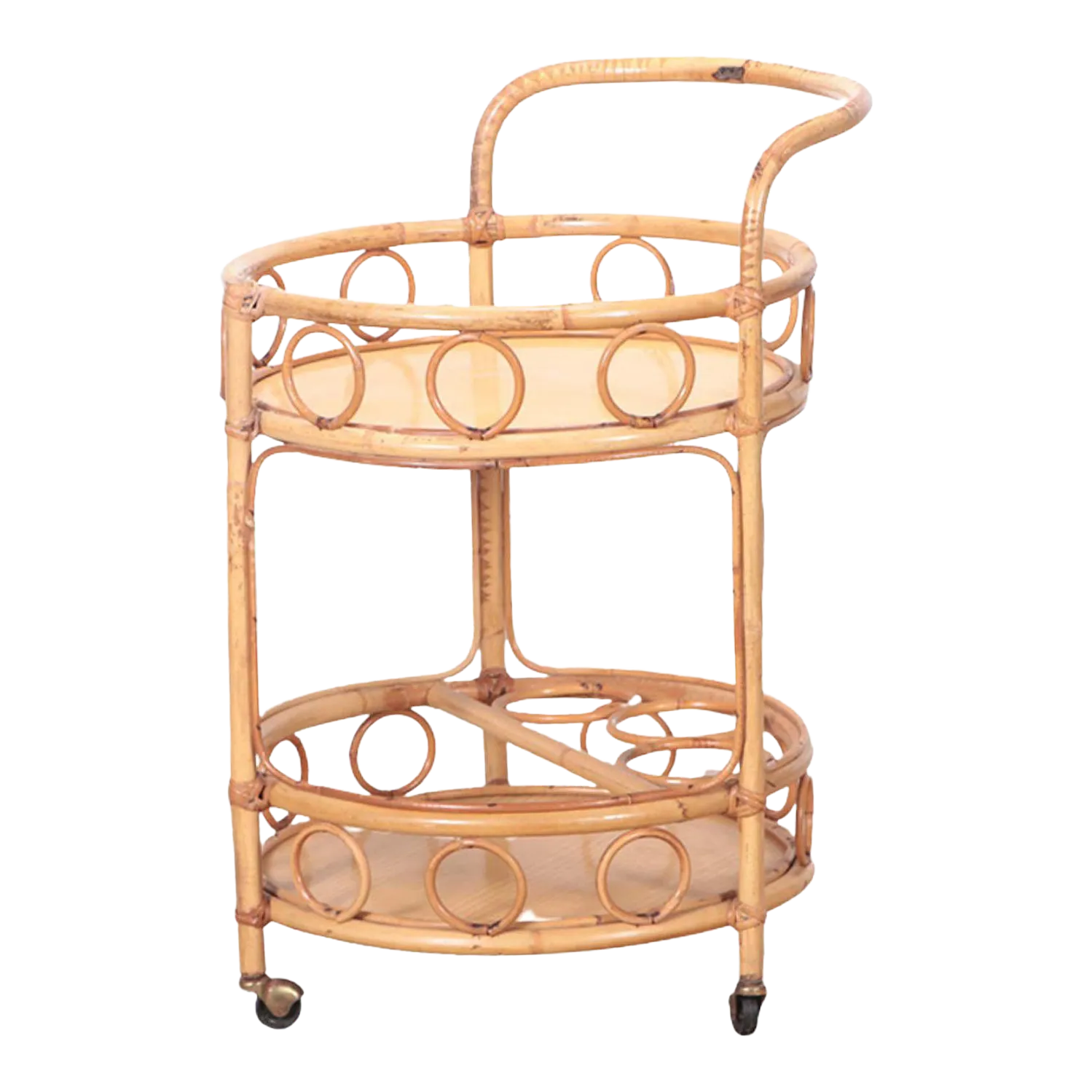 A French Two Tier Rattan Bar Cart on Wheels. Circa 1960 | Chairish