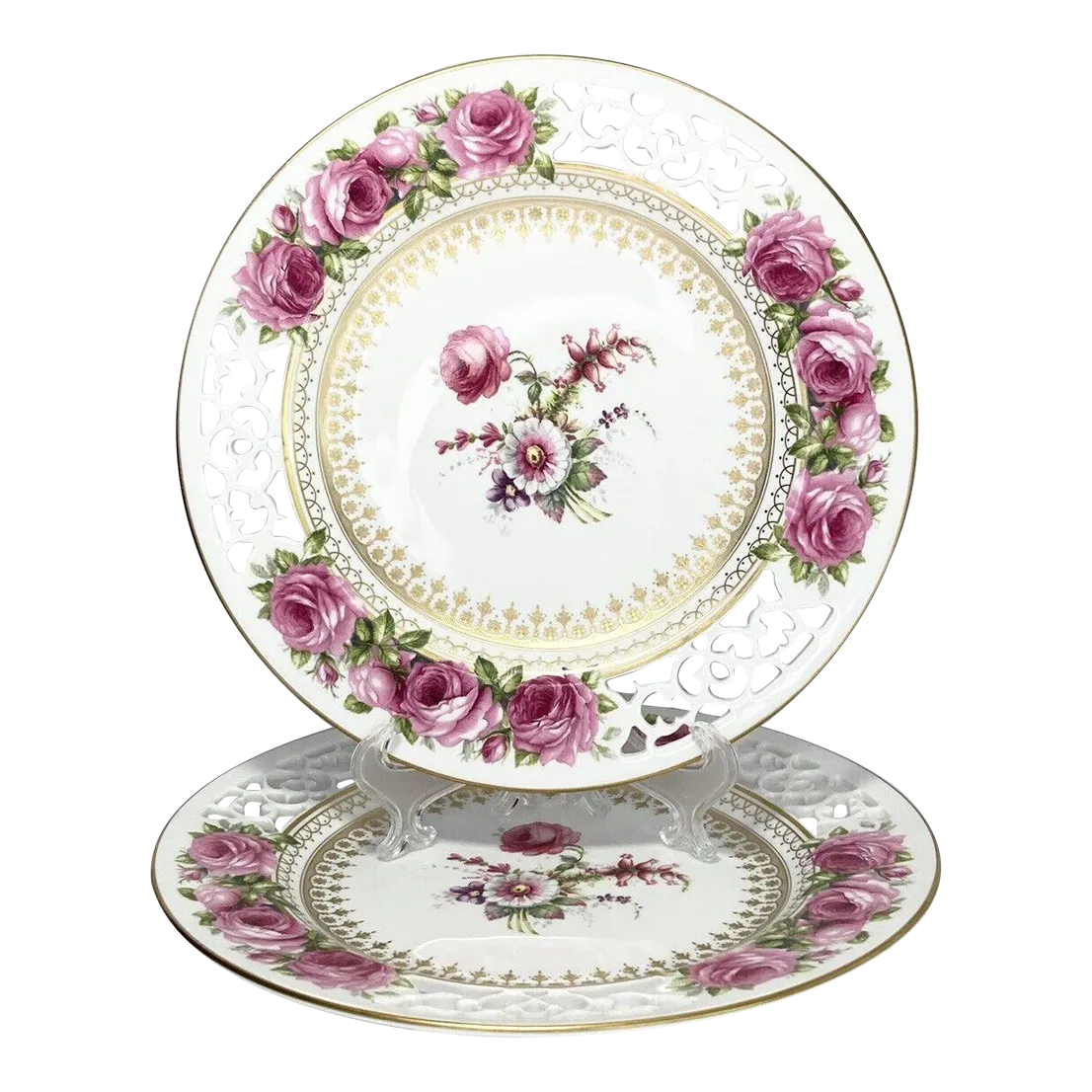 1990s Spode Josephine Pair of Pink Floral Reticulated Bone China Plates ...