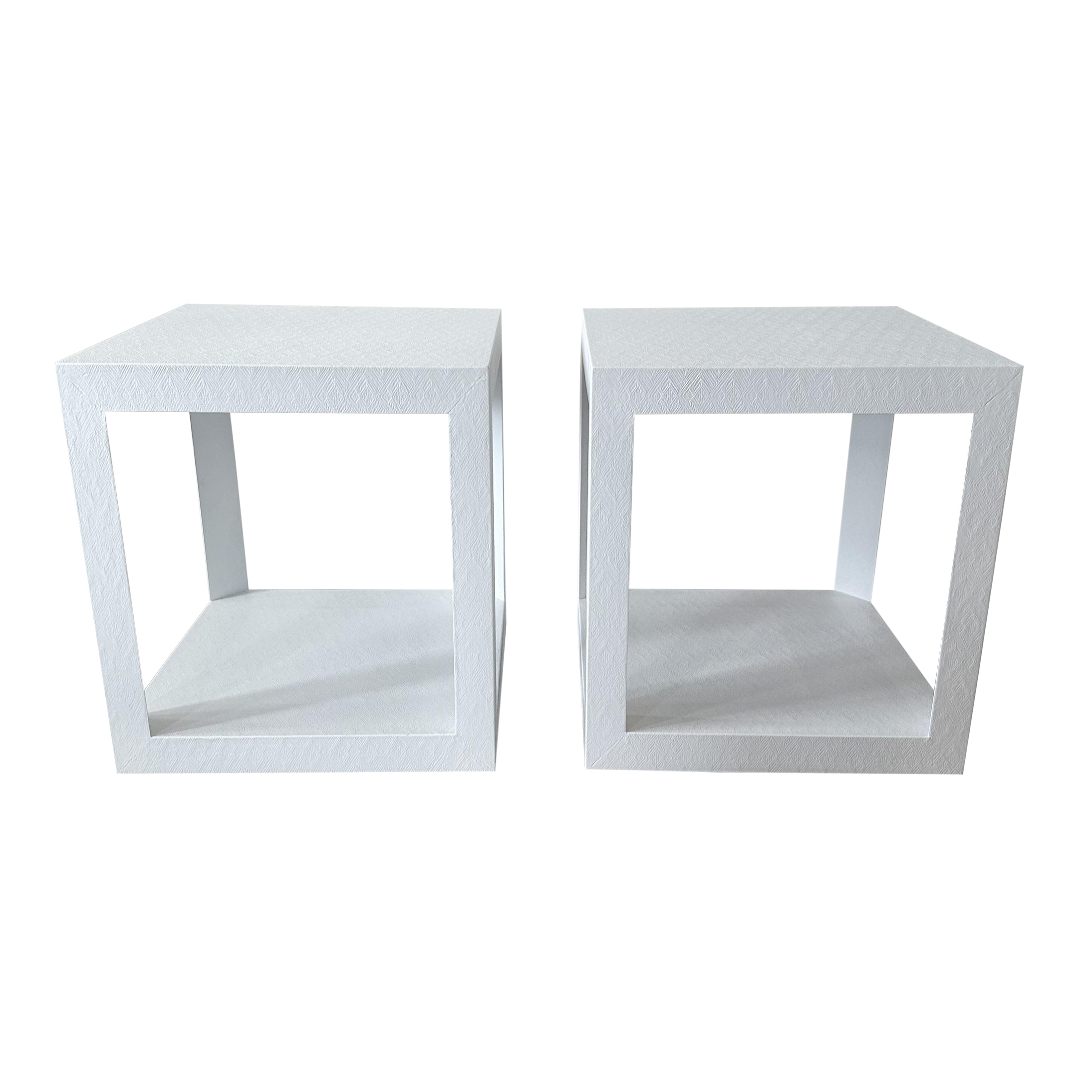 Pair 1970's Linen Wrapped White Lacquered Side Tables | Chairish