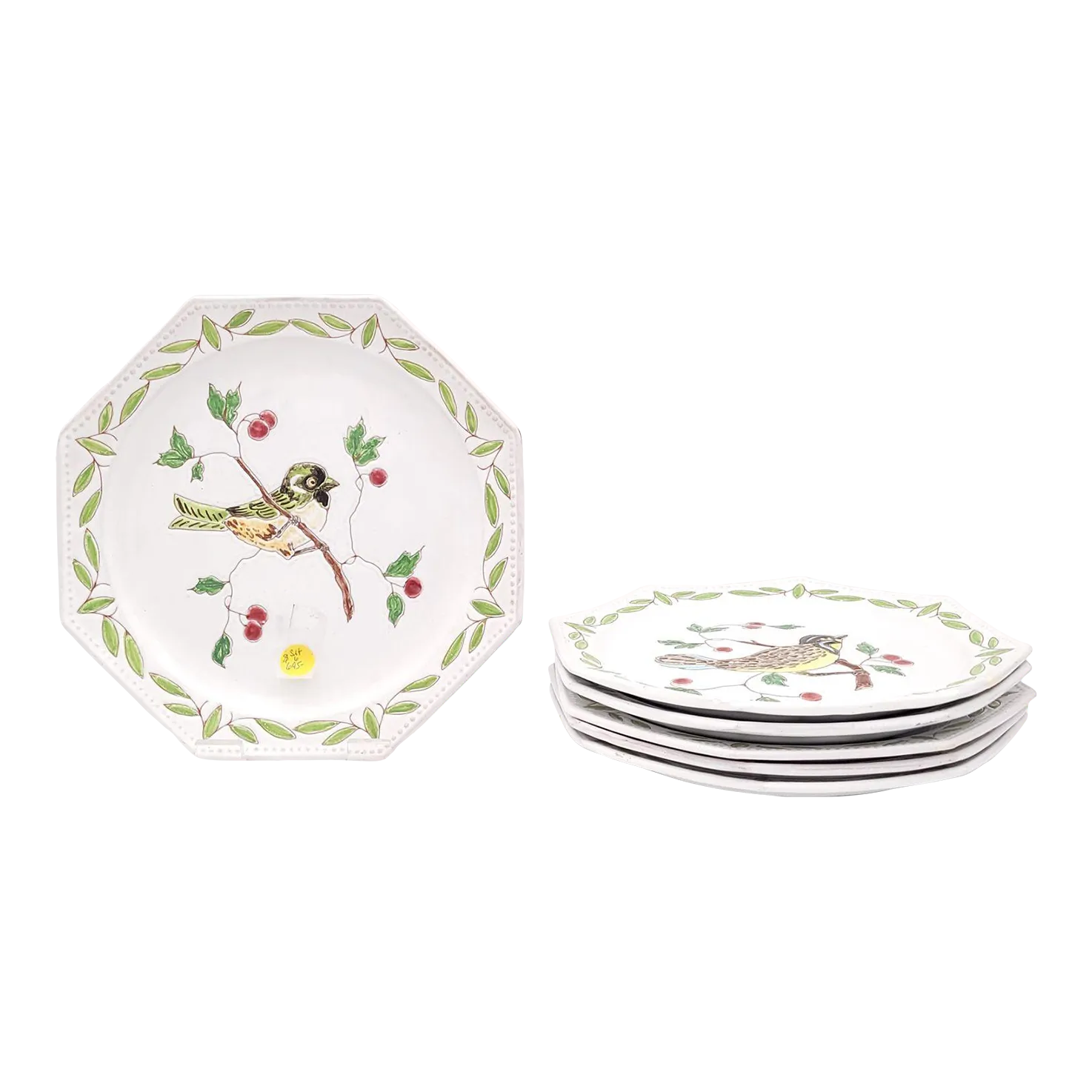 Set of Six Octagonal Faïence Bird Plates, Italy Circa 1950 | Chairish